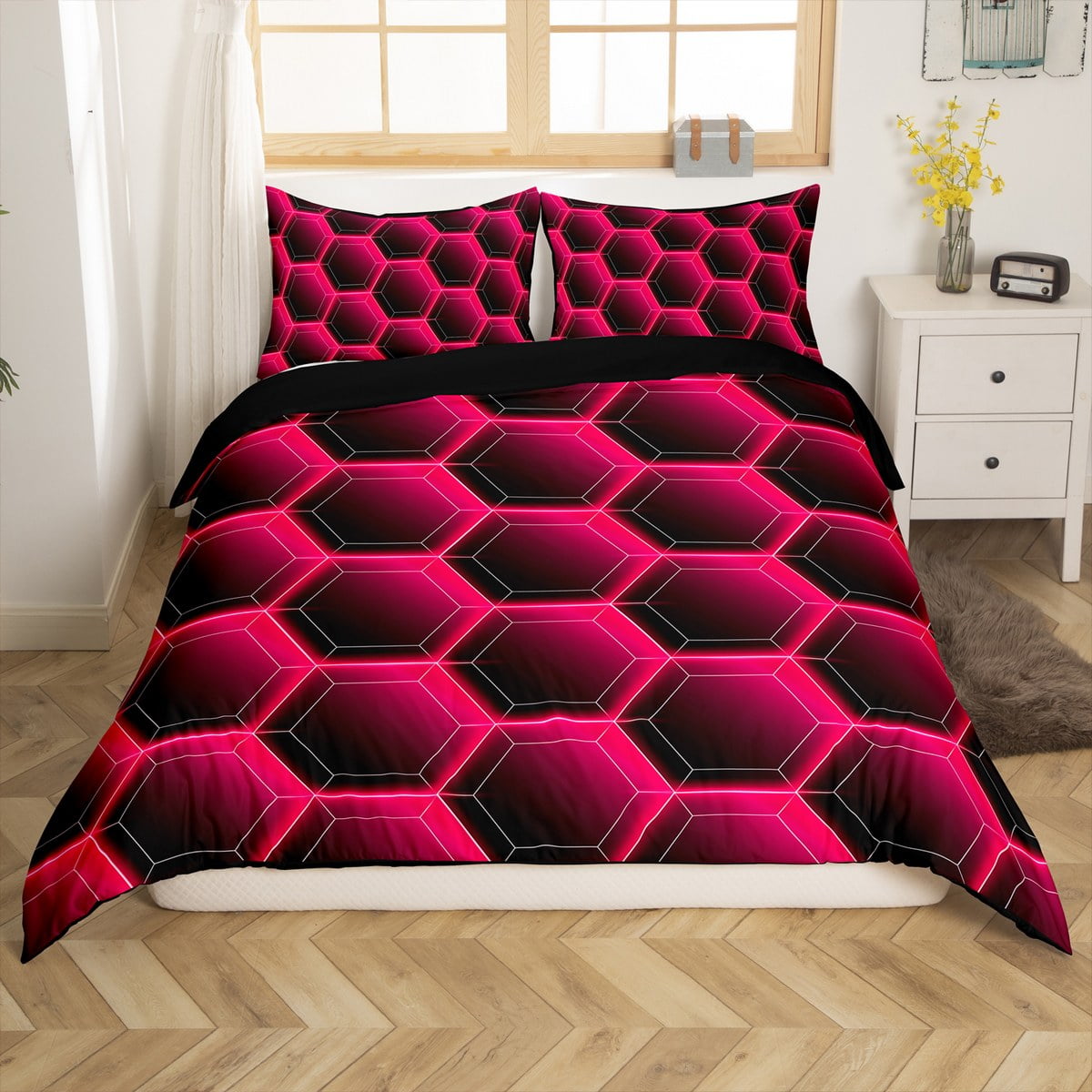 Geometric Hexagon Full Bedding Sets for Girls,Neon Magenta Honeycomb ...