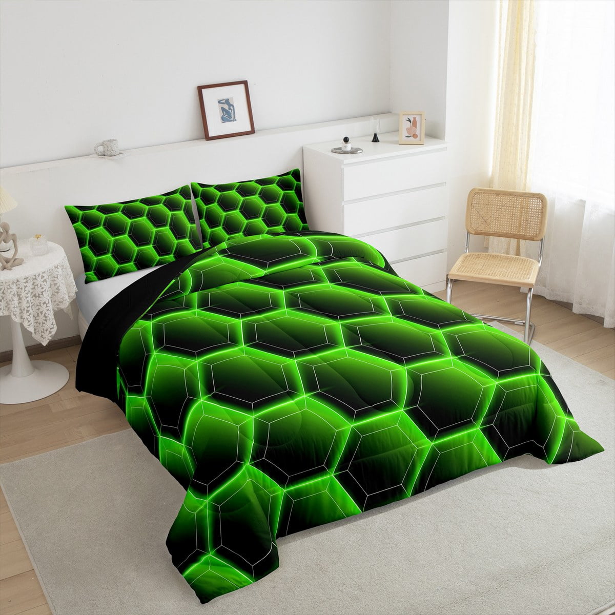 Geometric Hexagon Full Comforter Set,Neon Green Honeycomb Quilt ...