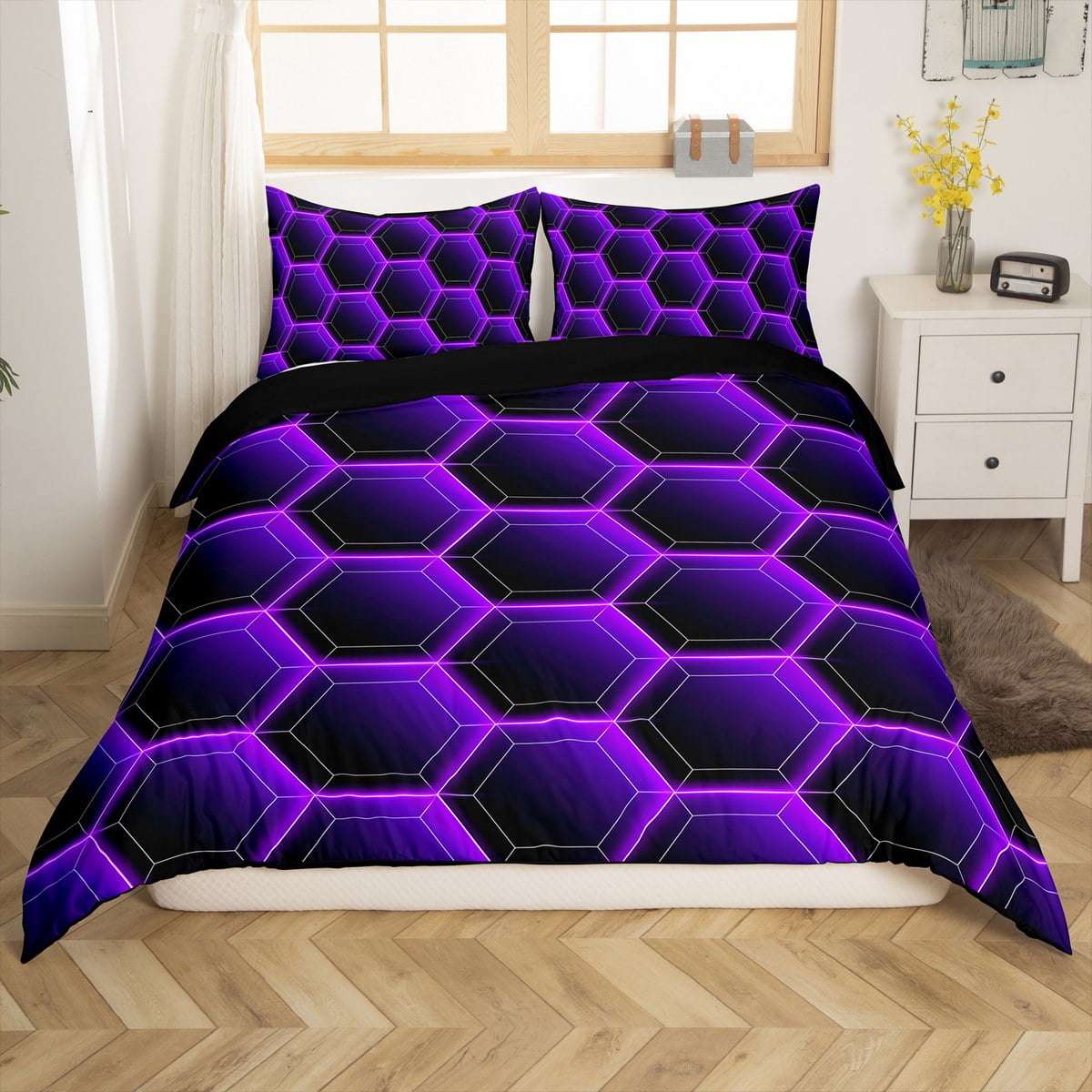 Geometric Hexagon King Bedding Sets for Girls,Neon Blue Lilac Honeycomb ...