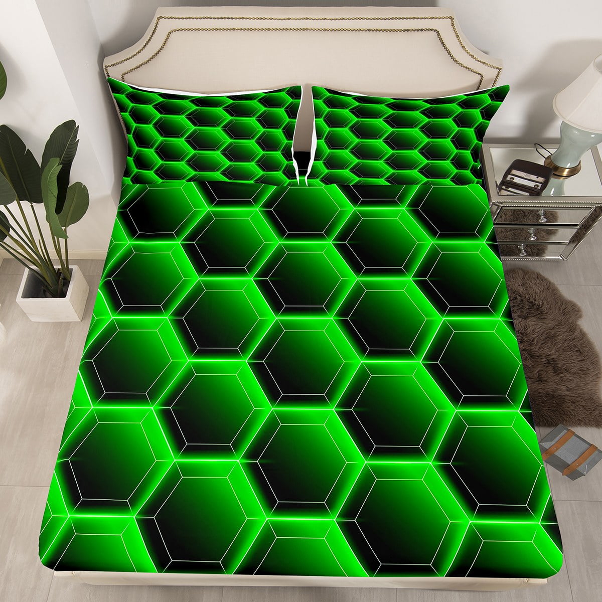 Geometric Hexagon Queen Bed Sheets ,Neon Green Honeycomb Sheets ...