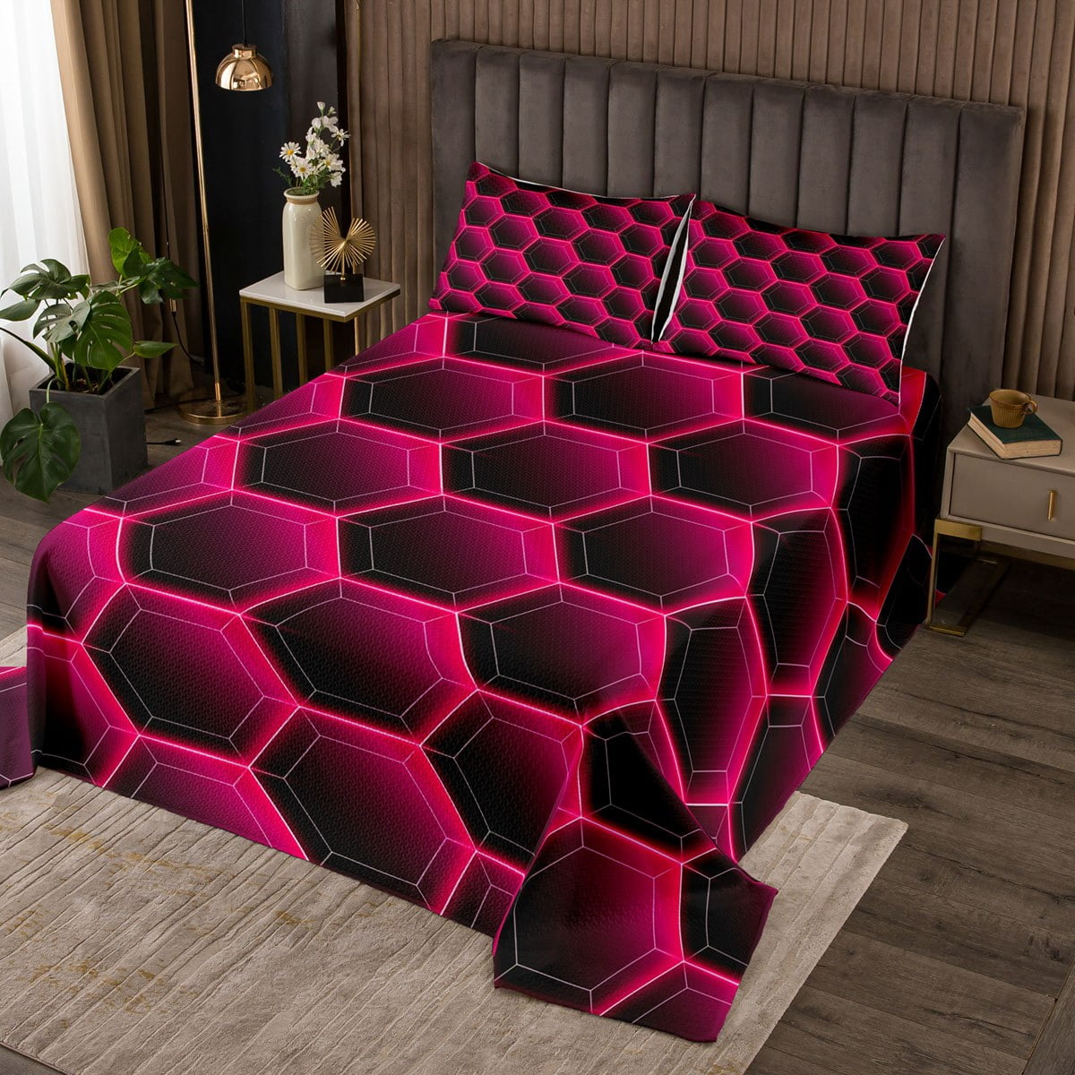 Geometric Hexagon Queen Bedspread Set for Girls,Neon Magenta Honeycomb ...