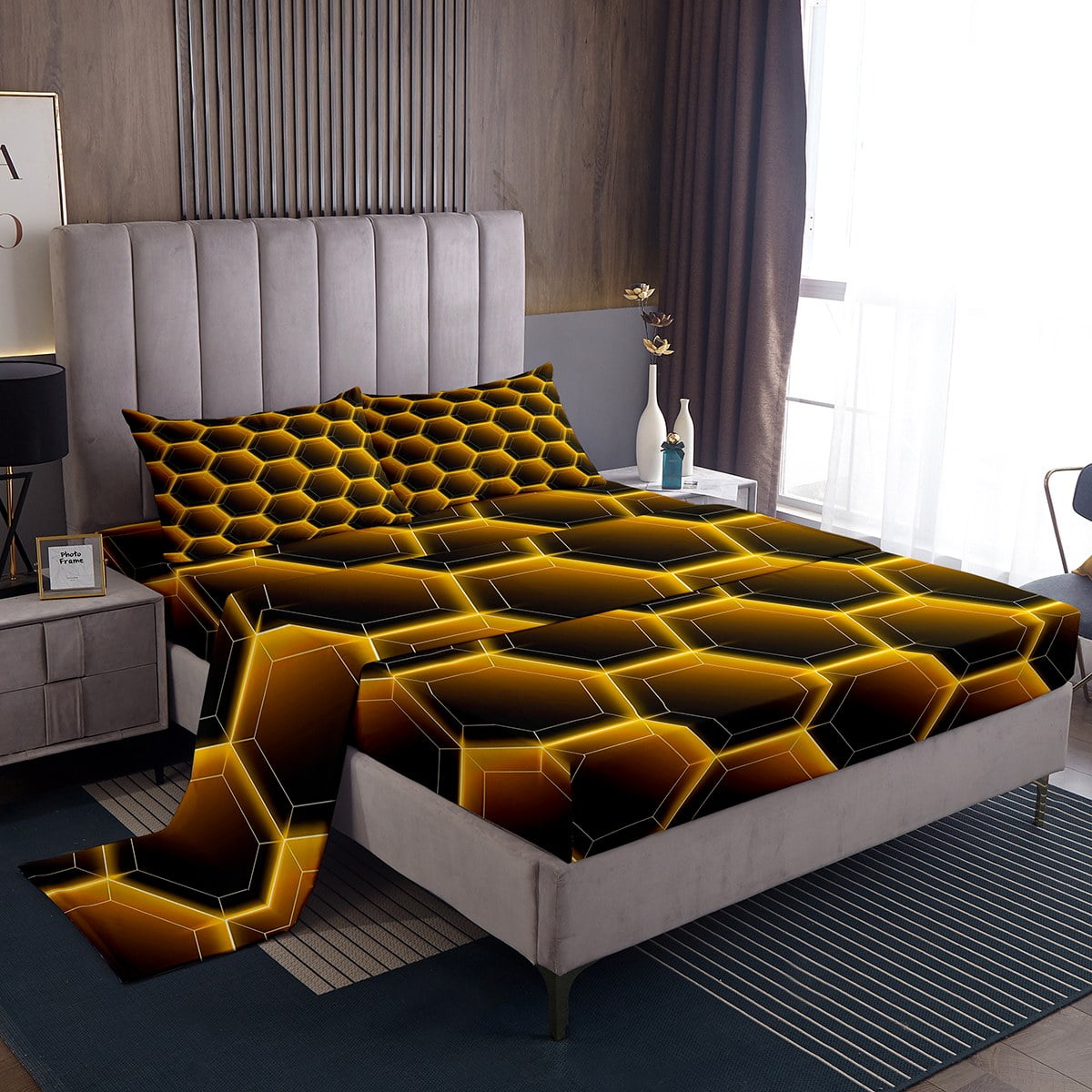 Geometric Hexagon Queen Sheet Set for Boys,Neon Orange Honeycomb Sheets ...