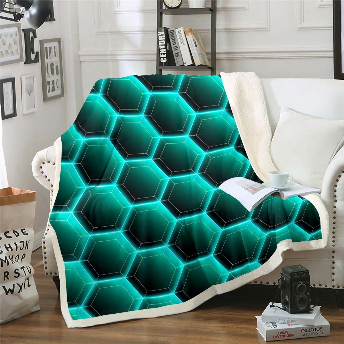 Geometric Hexagon Throw Blanket 30"x40",Neon Teal Honeycomb Fleece ...