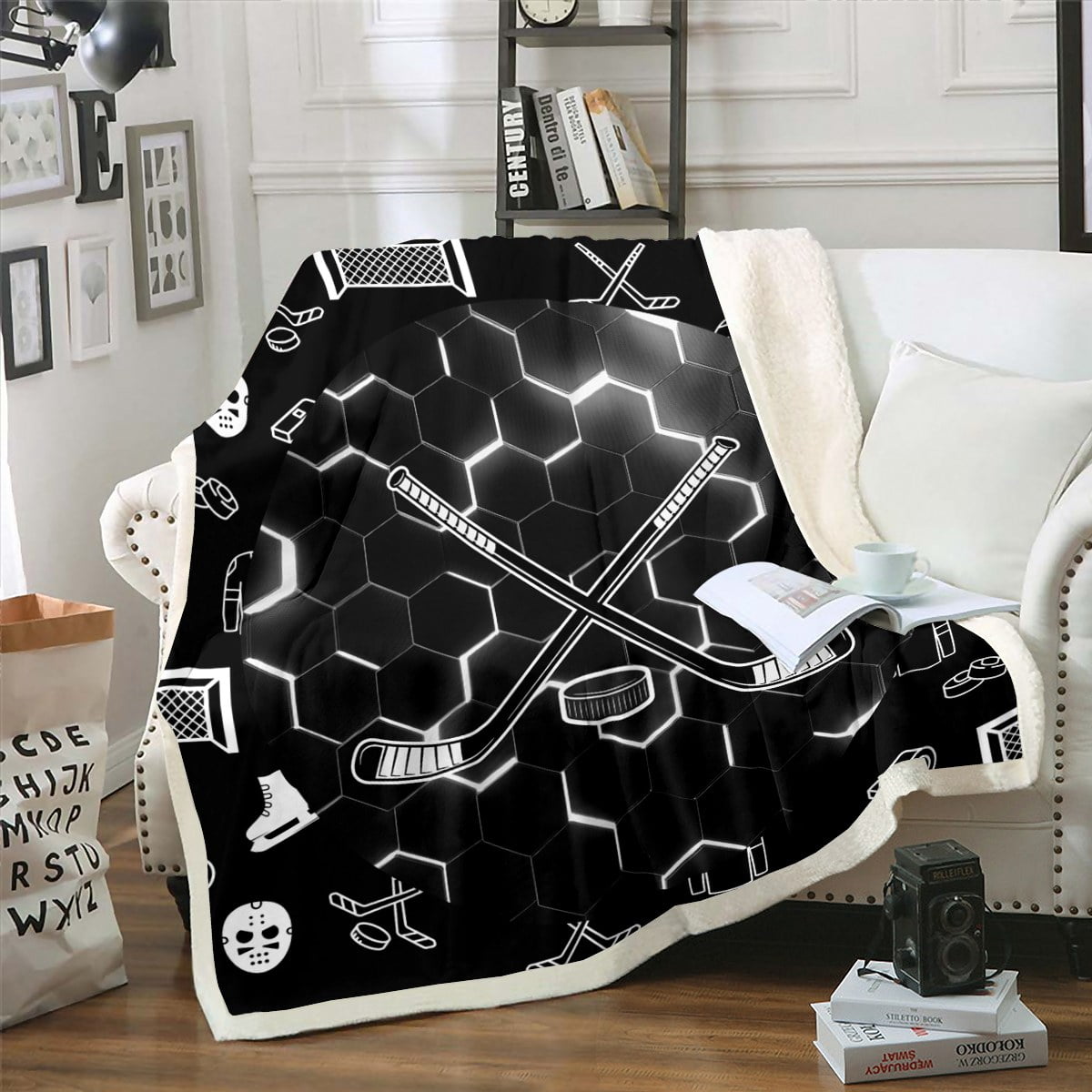 Geometric Hockey Sherpa Blanket For Bed Couch Sports Ice Hockey Throw ...
