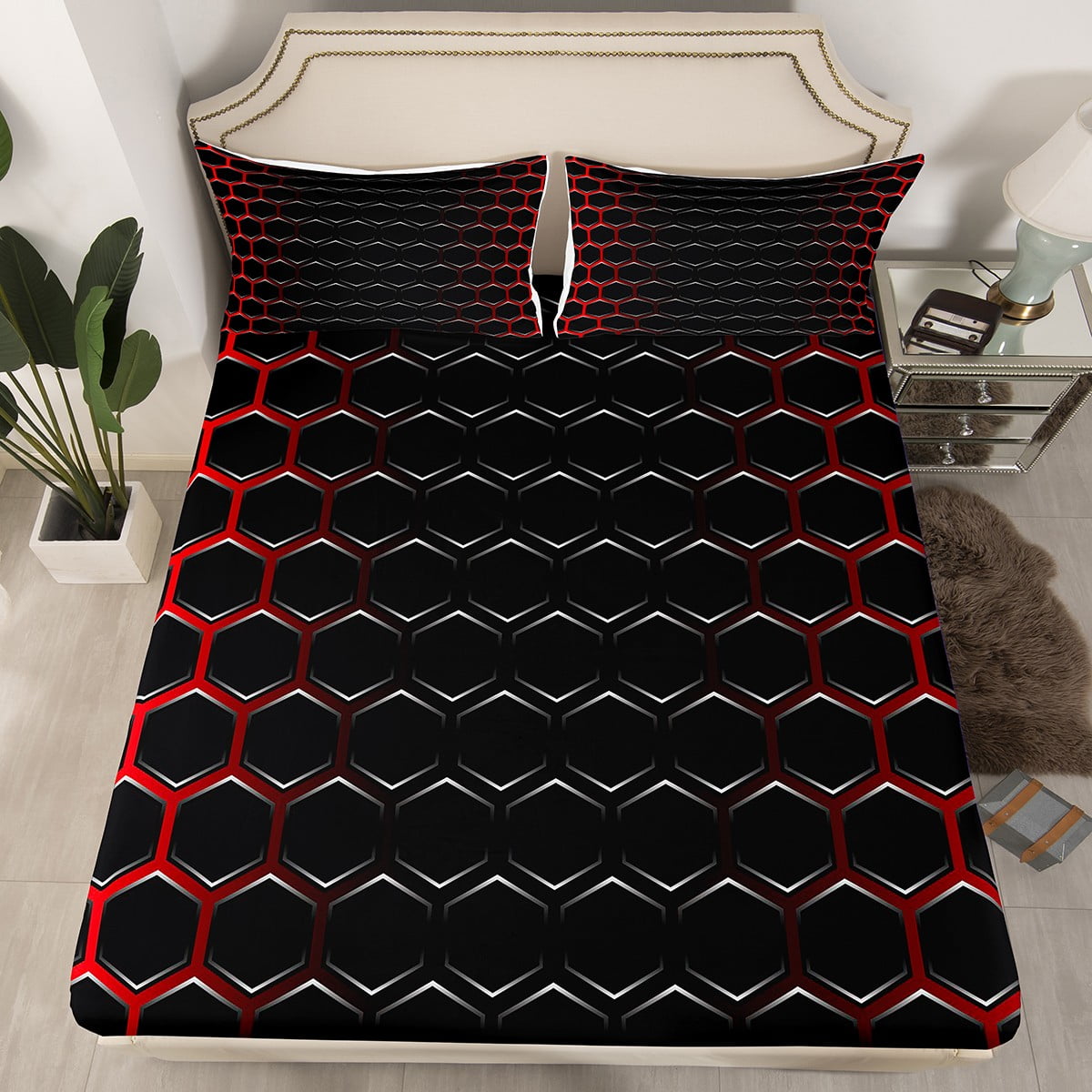 Geometric Honeycomb Bed Sheets Red Honeycomb Bed Set, 3D Stereoscopic ...