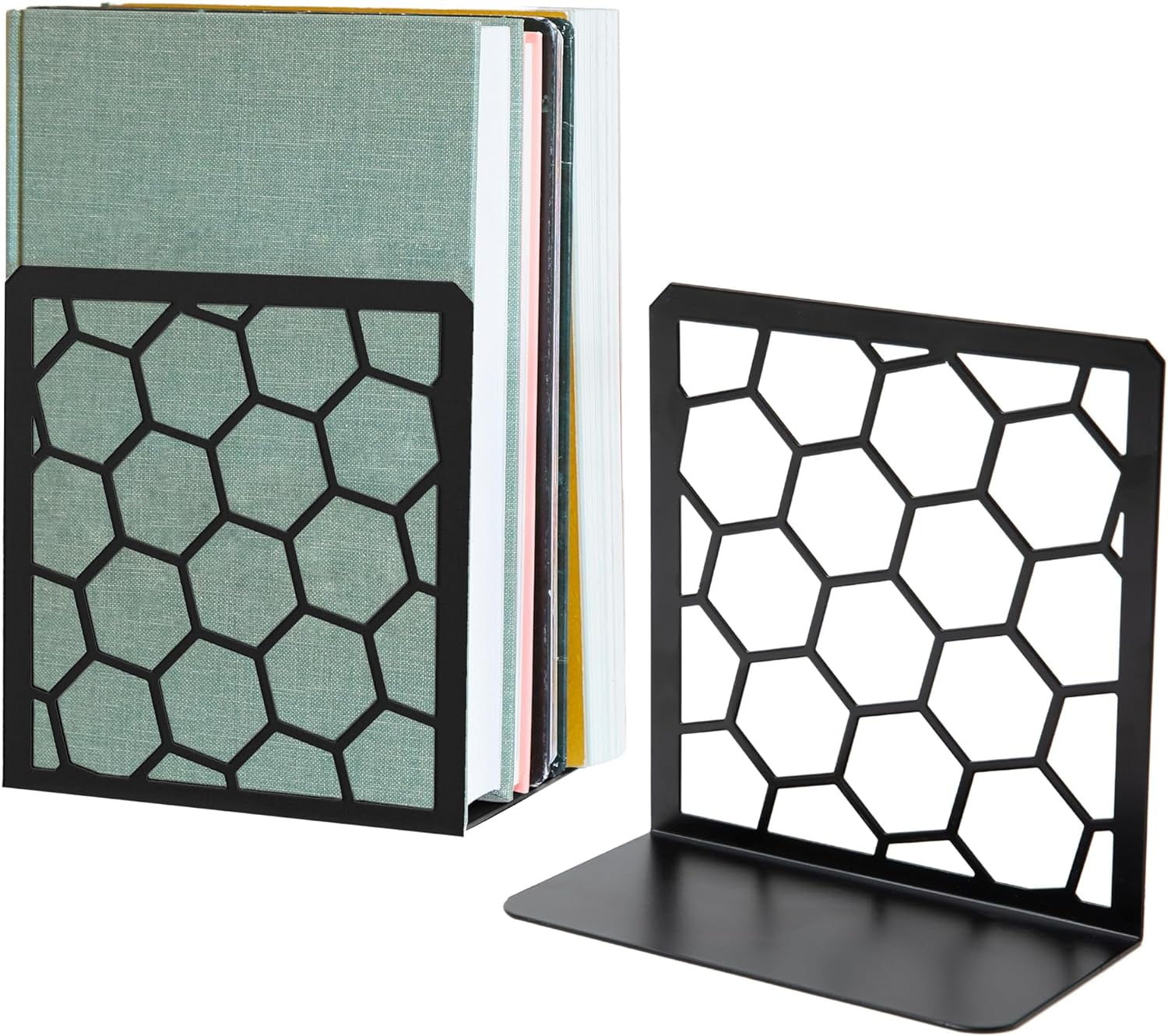Geometric Honeycomb Black Metal Bookends Decorative - Tall Sturdy Book ...