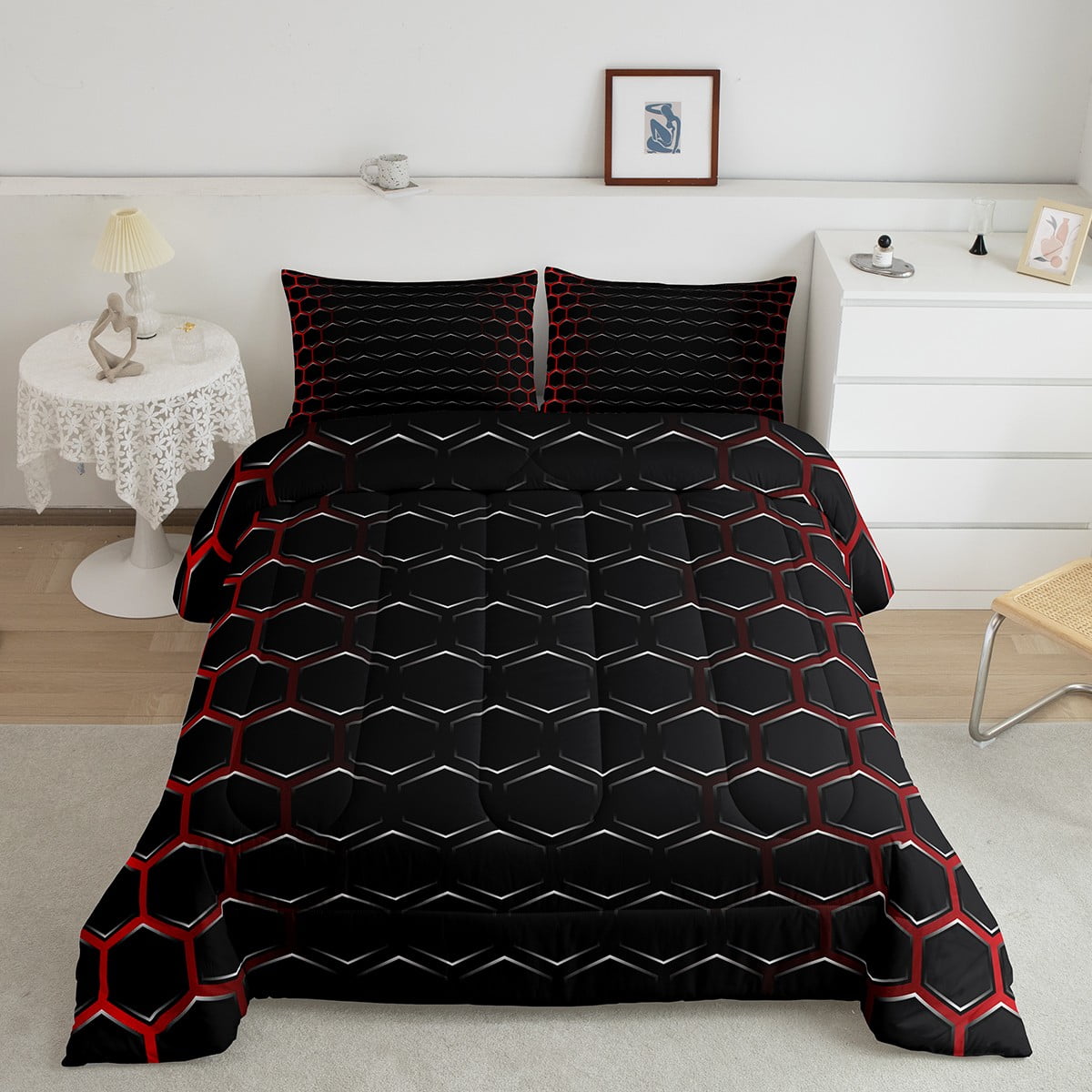 Geometric Honeycomb Comforter Set Red Honeycomb Bedding, 3D ...