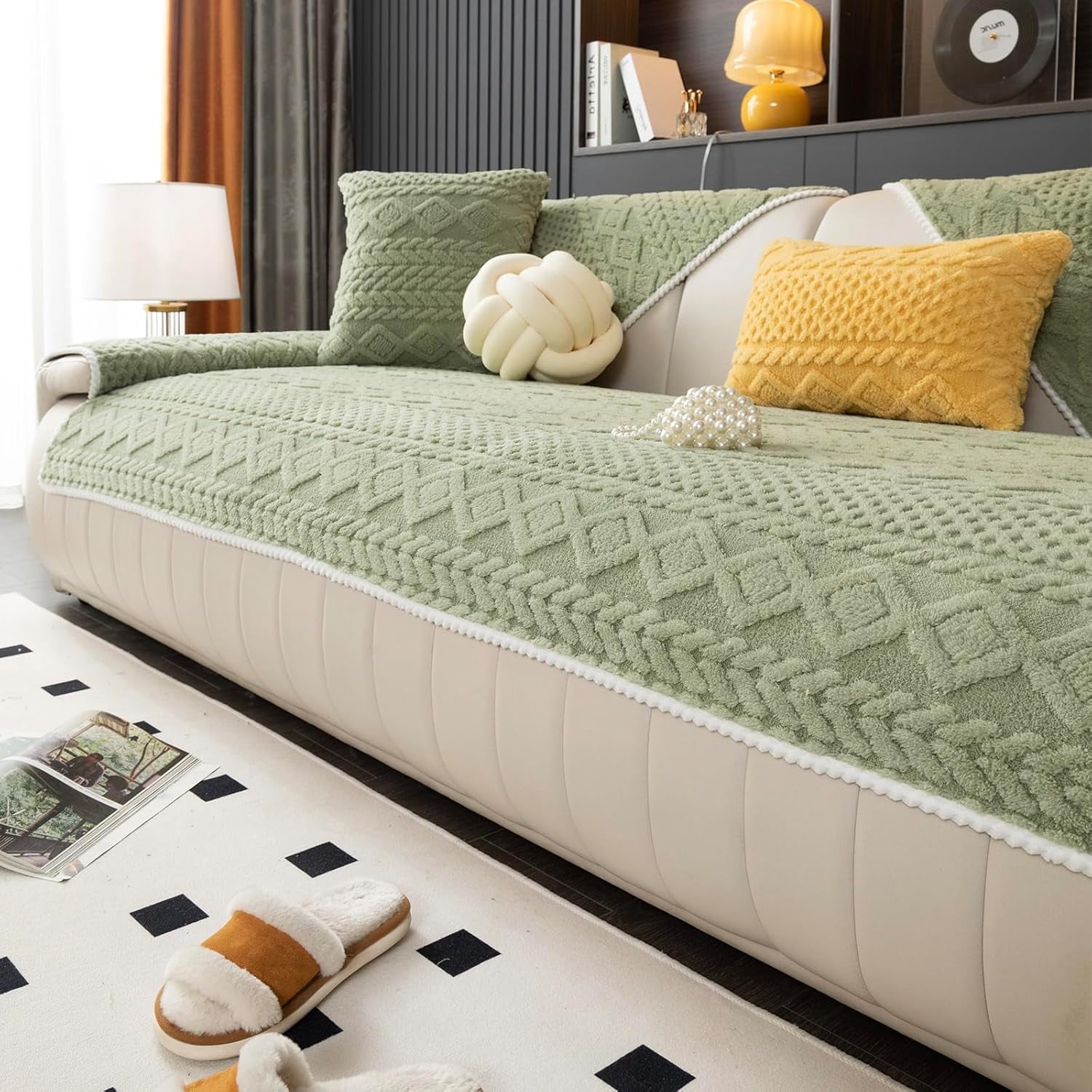 Geometric Jacquard Plush Sofa Cover – Non-Slip Sectional Couch ...