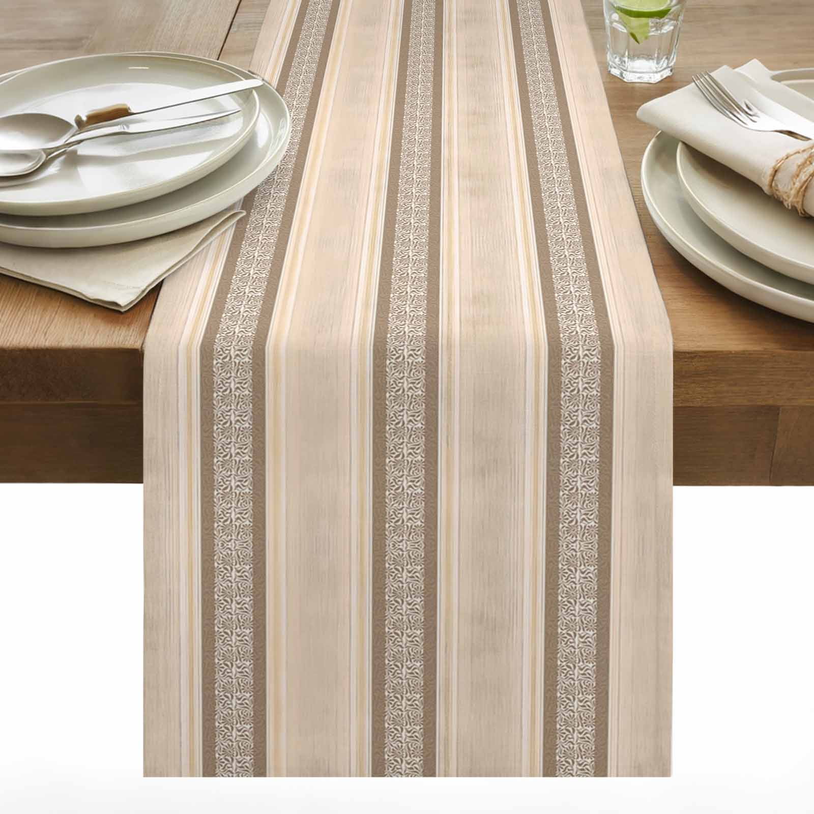 Geometric Khaki Table Runner 13x48 inch Ethnic Stripes Cotton Linen ...