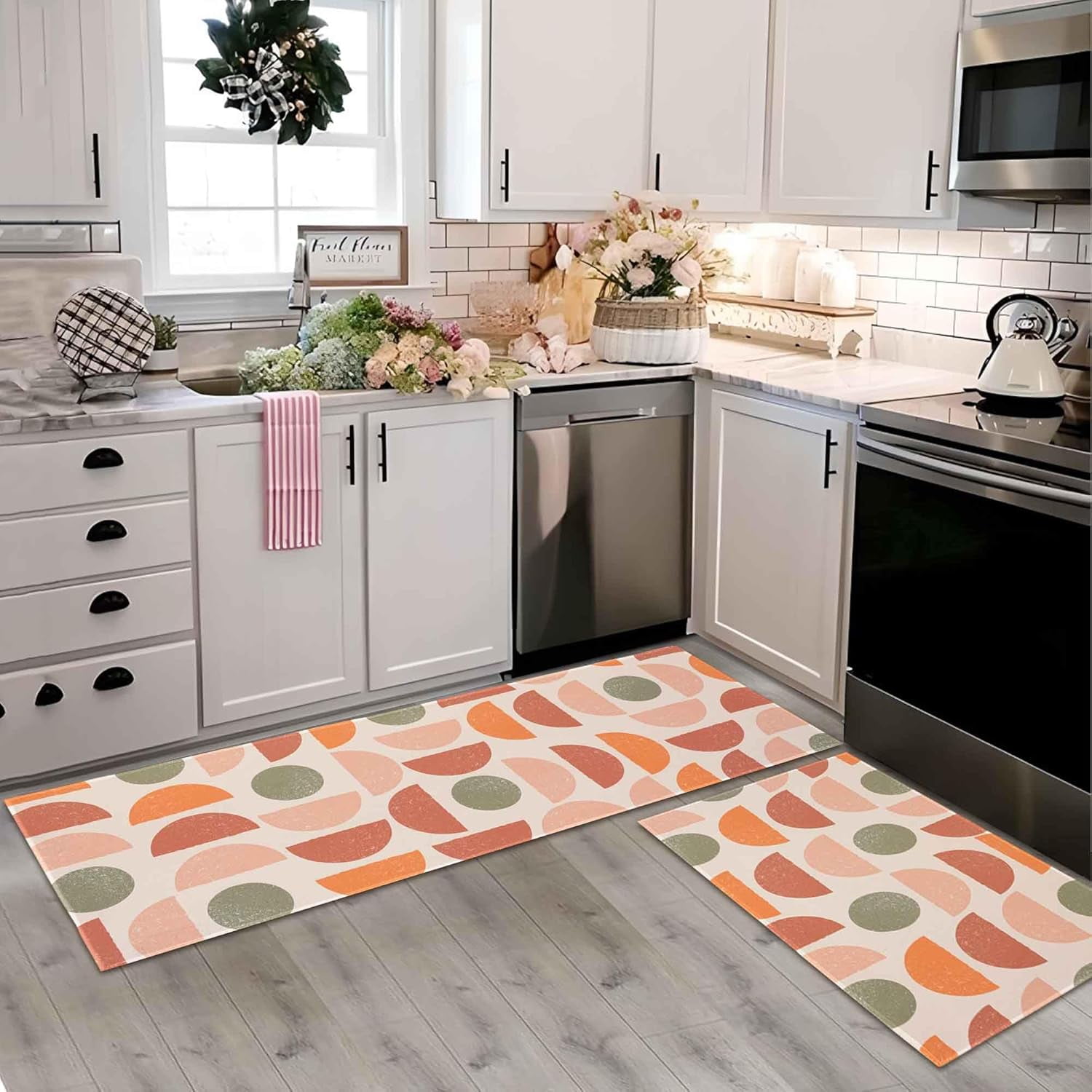 Geometric Kitchen Rugs and Mats Set of 2, Non Slip Backing Boho Kitchen ...