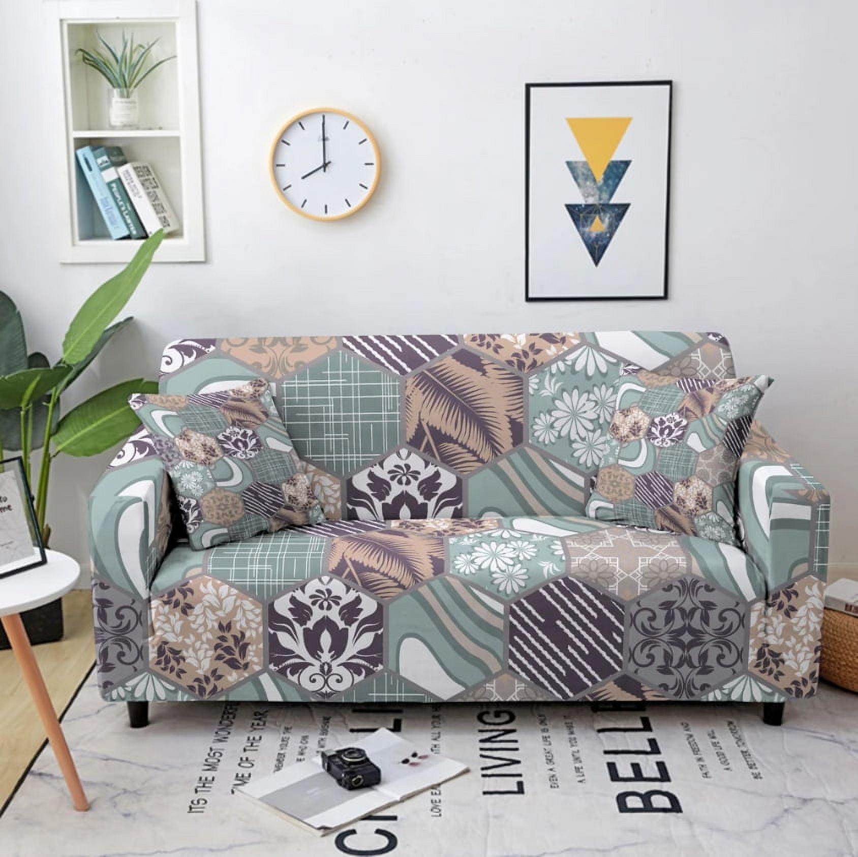 Geometric Leaves Printed Sofa Cover Home Living Room Full Set Elastic ...