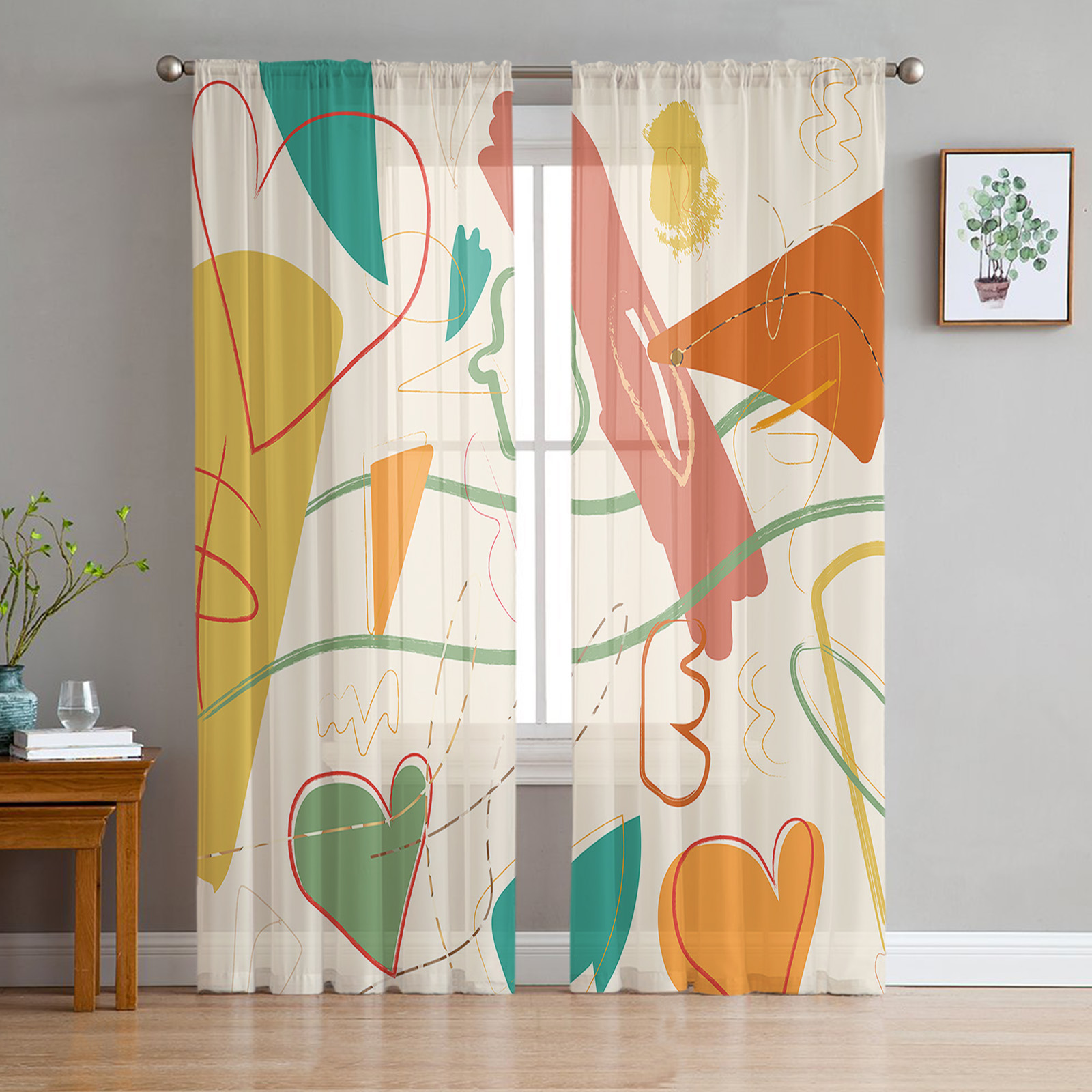 Geometric Line Art Doodles Voile Sheer Curtains For Living Room Window ...