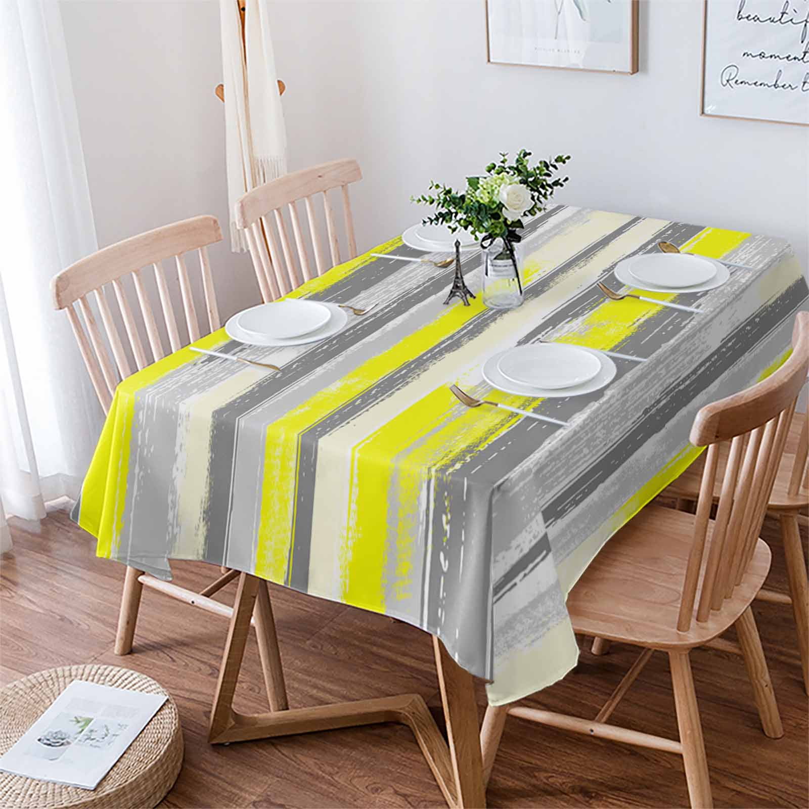 Geometric Line Brush Yellow Gray Table Cloth Waterproof Dining ...