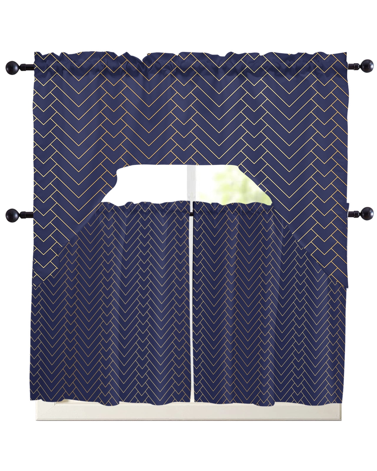 Geometric Line Swag Valance and Tier Curtains Set Yellow Border Indigo ...