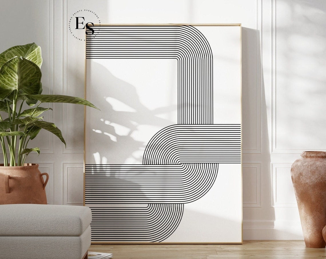 Geometric Lines Print, Mid Century Modern Minimalist, Black Symmetrical ...