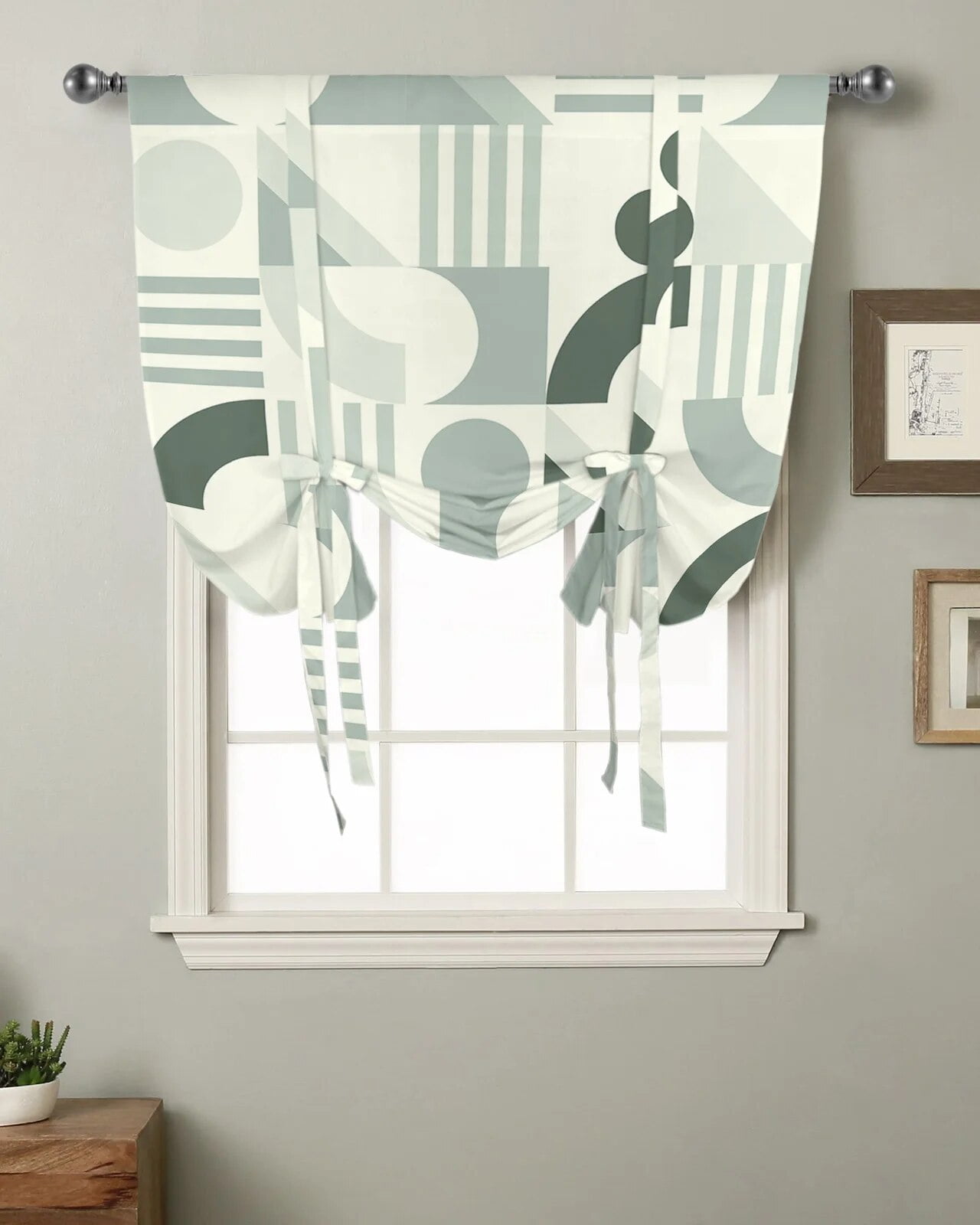 Geometric Lines Simple Abstract Green Kitchen Short Window Curtain ...