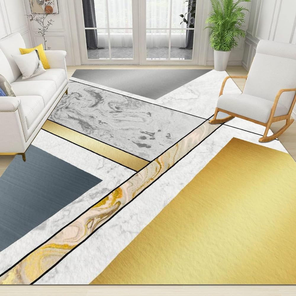 Geometric Living Room Area Rug, Yellow Gray Abstract Texture Carpet ...