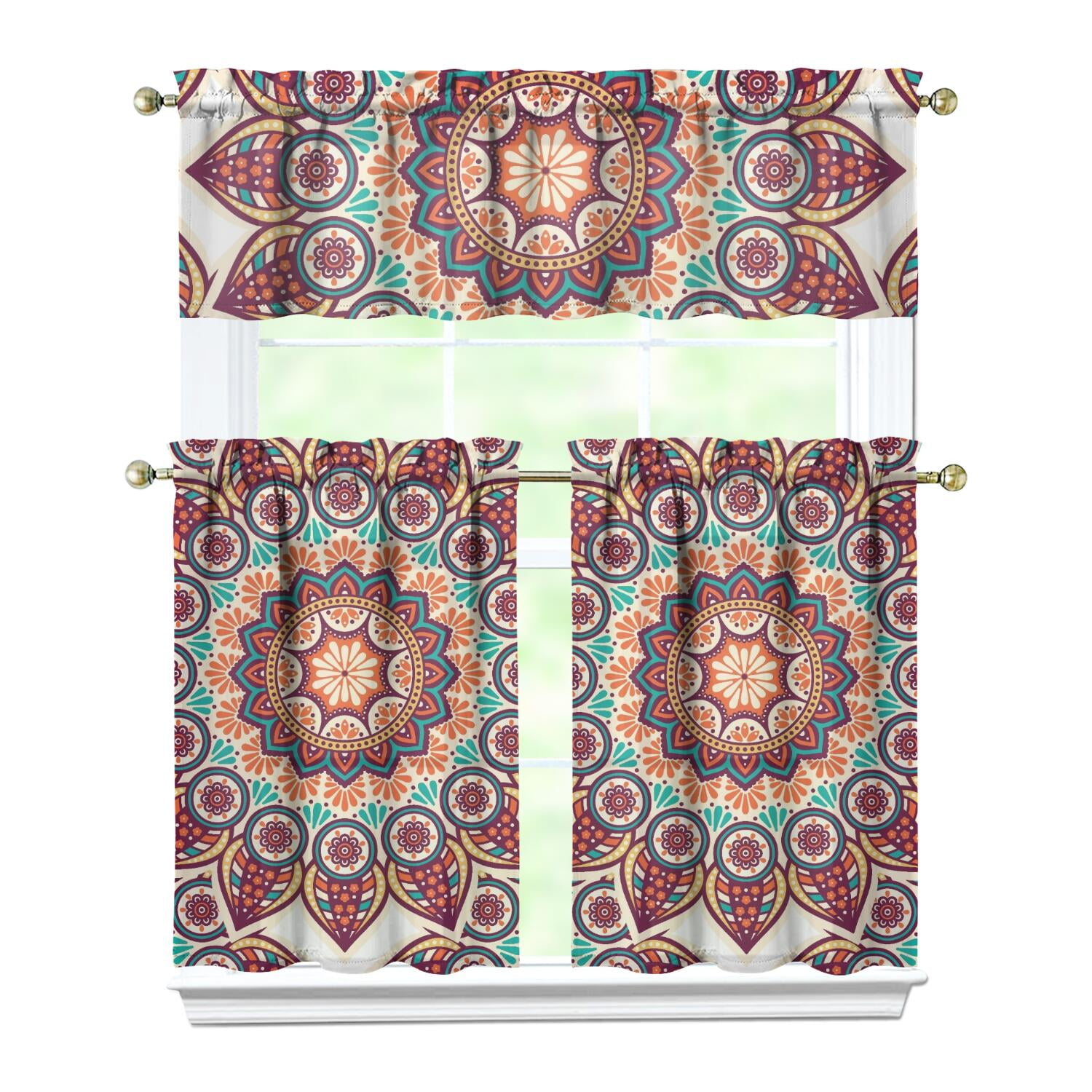 Geometric Mandala Design Kitchen Curtains Set - Exotic Cultural Valance ...