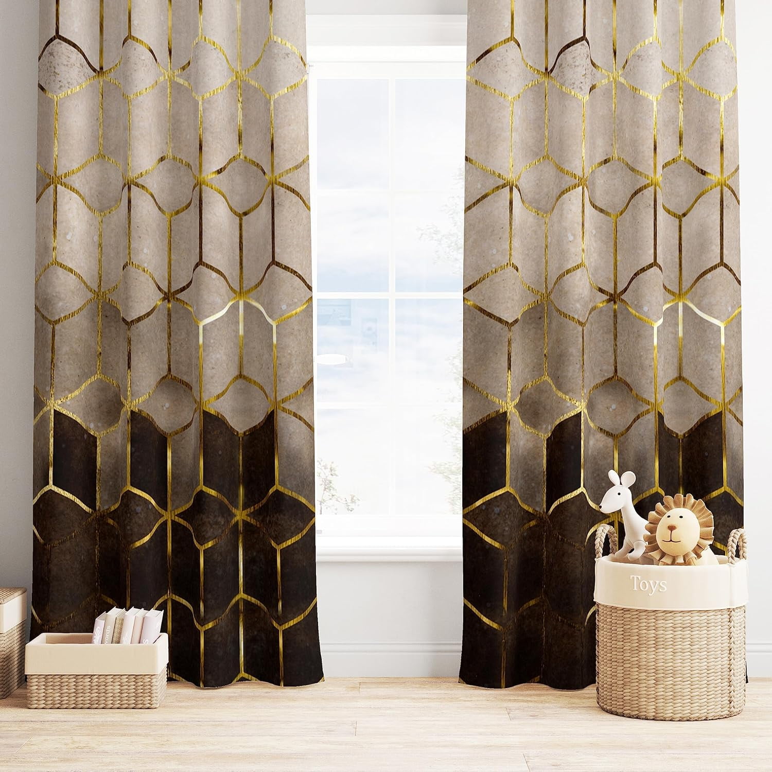 Geometric Marble Curtains, Brown Gold Abstract Geometry Hexagon Pattern ...