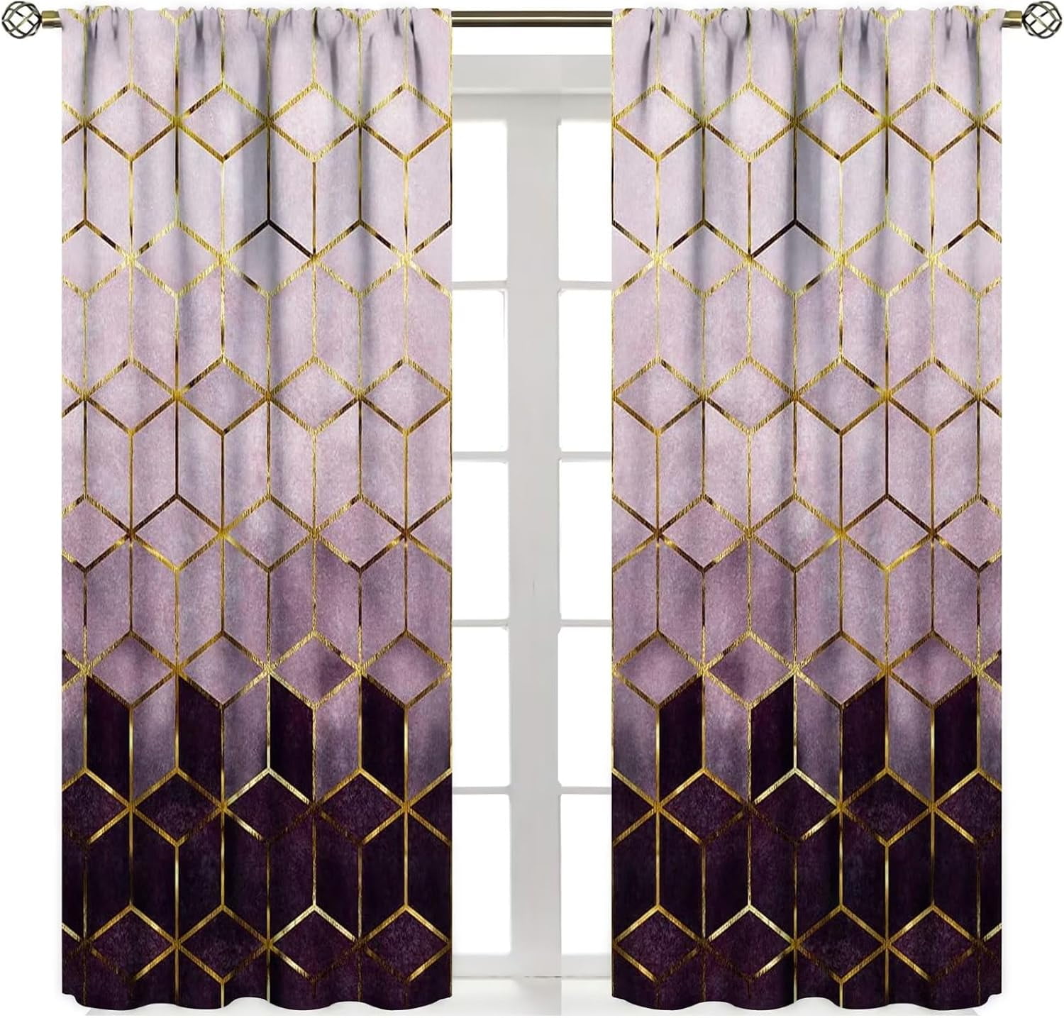 Geometric Marble Curtains, Purple Gold Abstract Geometry Pattern ...