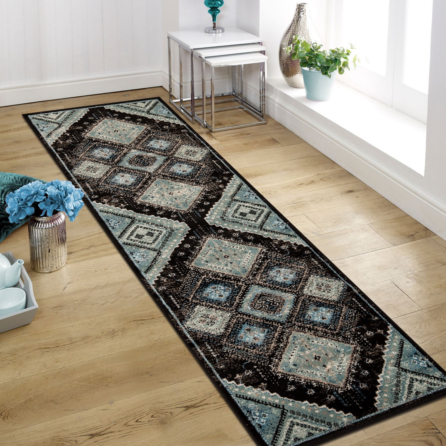 Geometric Medallion Design Runner, 2' 7" x 8', Black Grey - Walmart.com