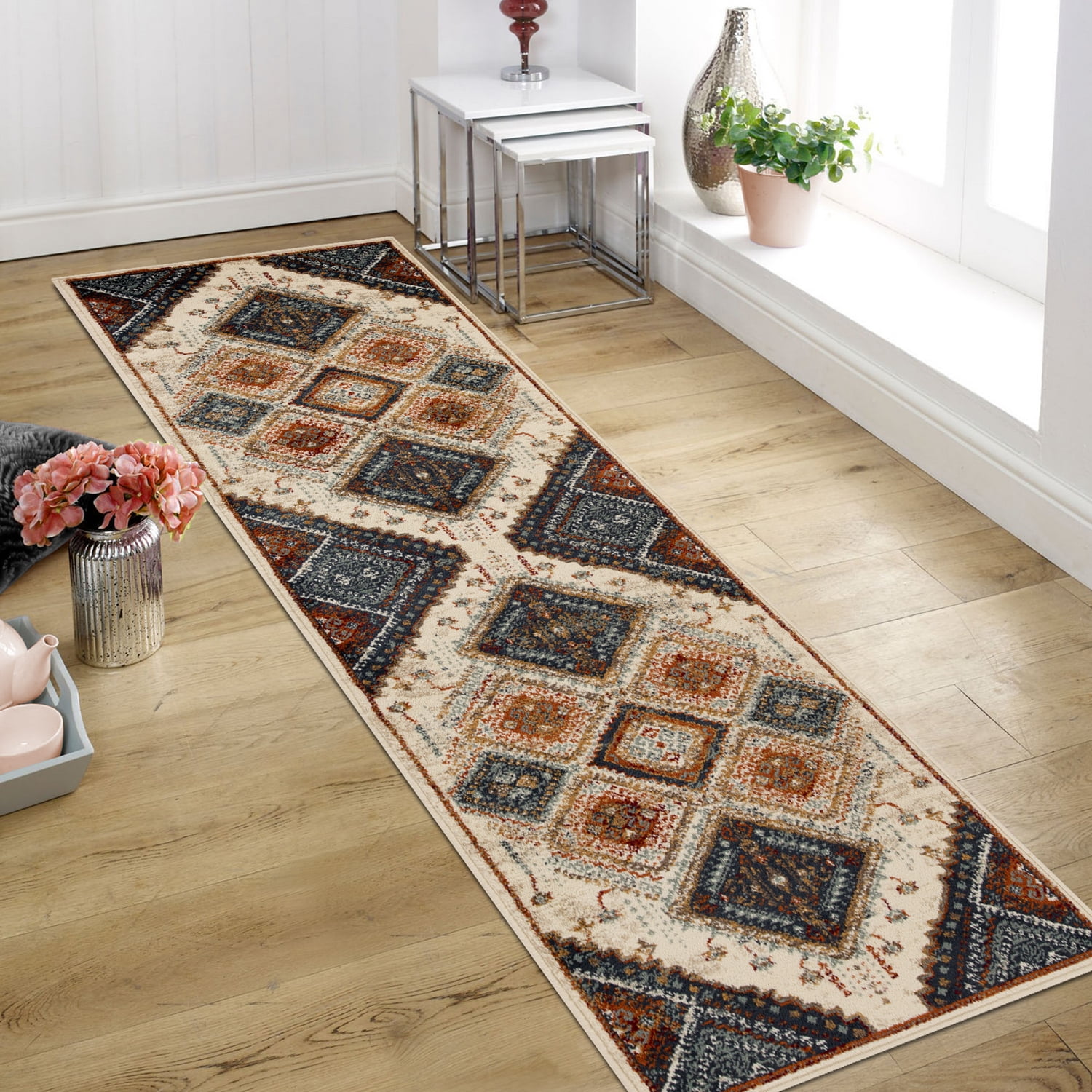 Geometric Medallion Indoor Runner, 2' 7" x 8', White Blue - Walmart.com