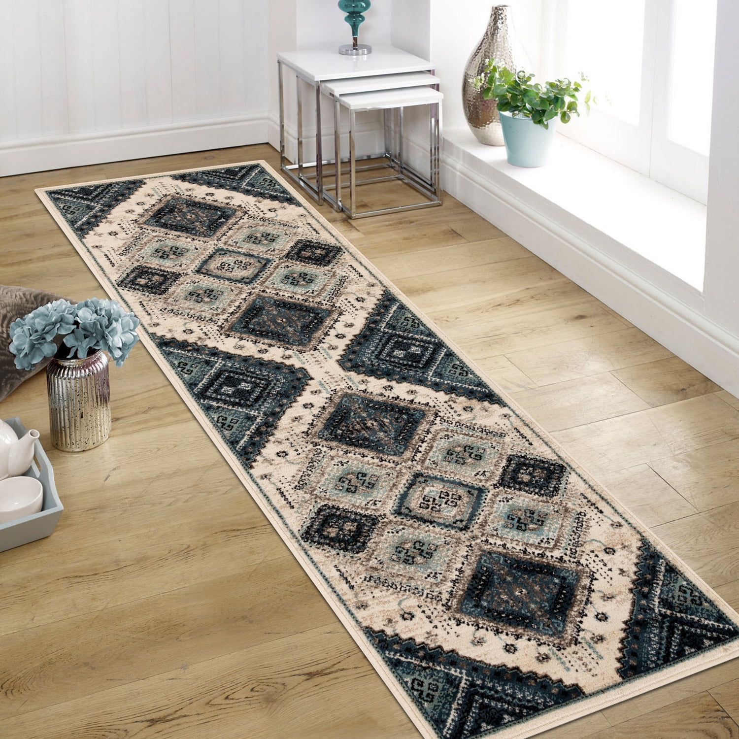 Geometric Medallion Runner, 2' 7" x 8', White Navy Blue - Walmart.com