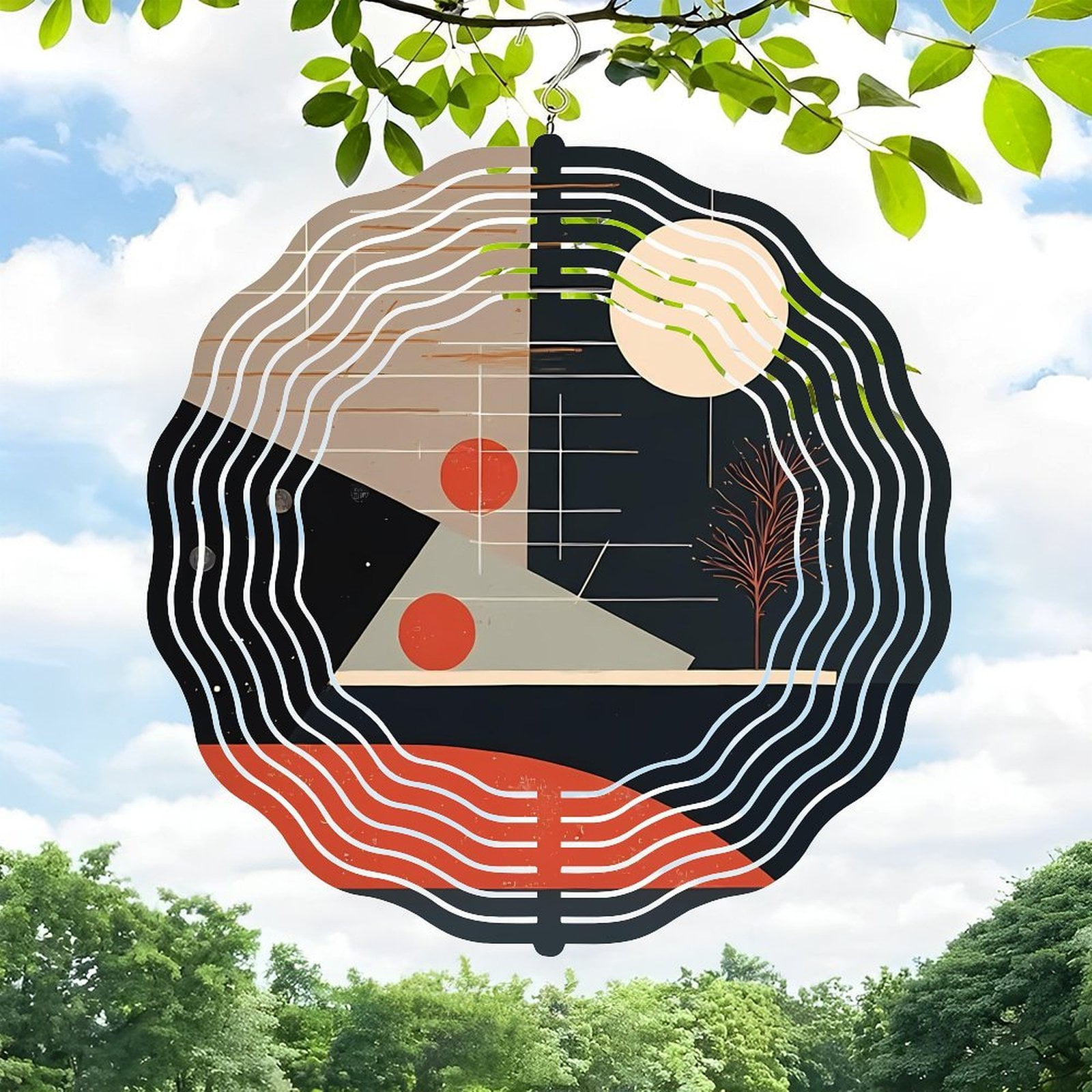 Geometric Metal Hanging Wind Spinner with Red & White Lines Gray ...