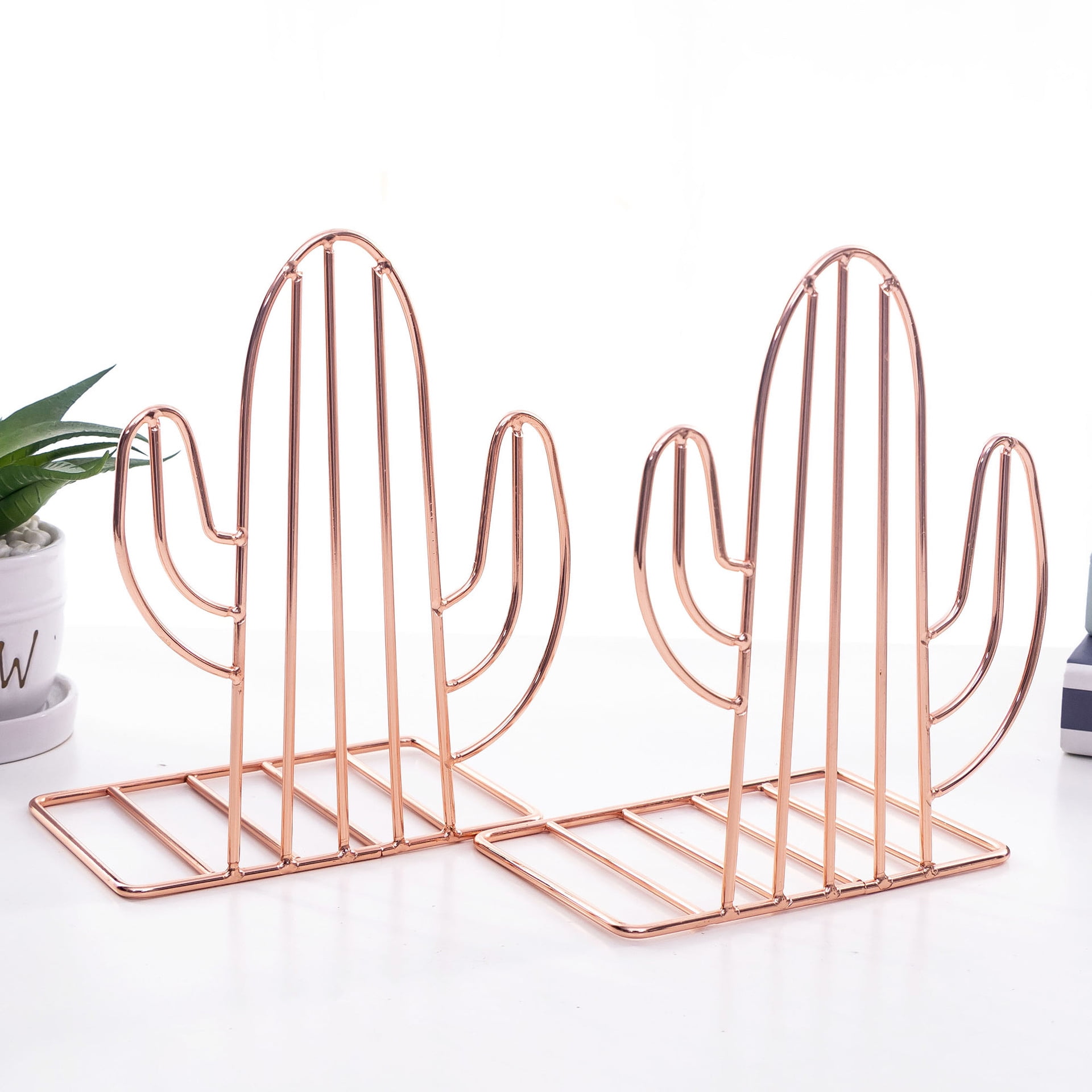 Geometric Metal Iron Cactus Bookends - Heavy Duty Nonskid Book Stand ...