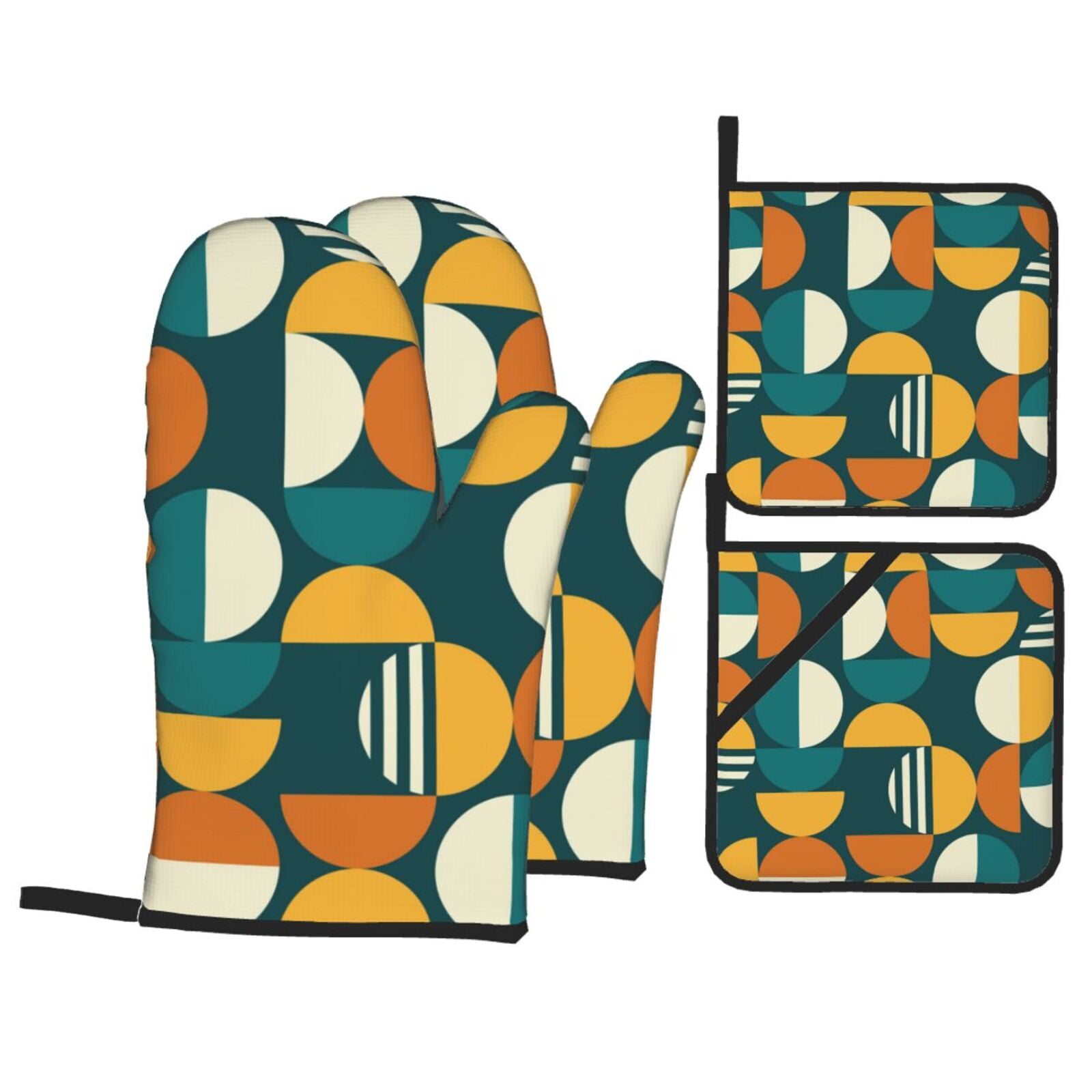 Geometric Mid Century Retro 4Pcs Oven Mitts and Pot Holders Sets Oven ...