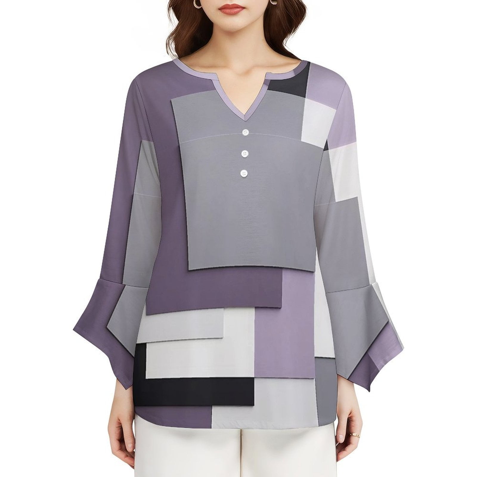 Geometric Modern Art Purple Gray Black Women's Long Sleeve Loose T ...