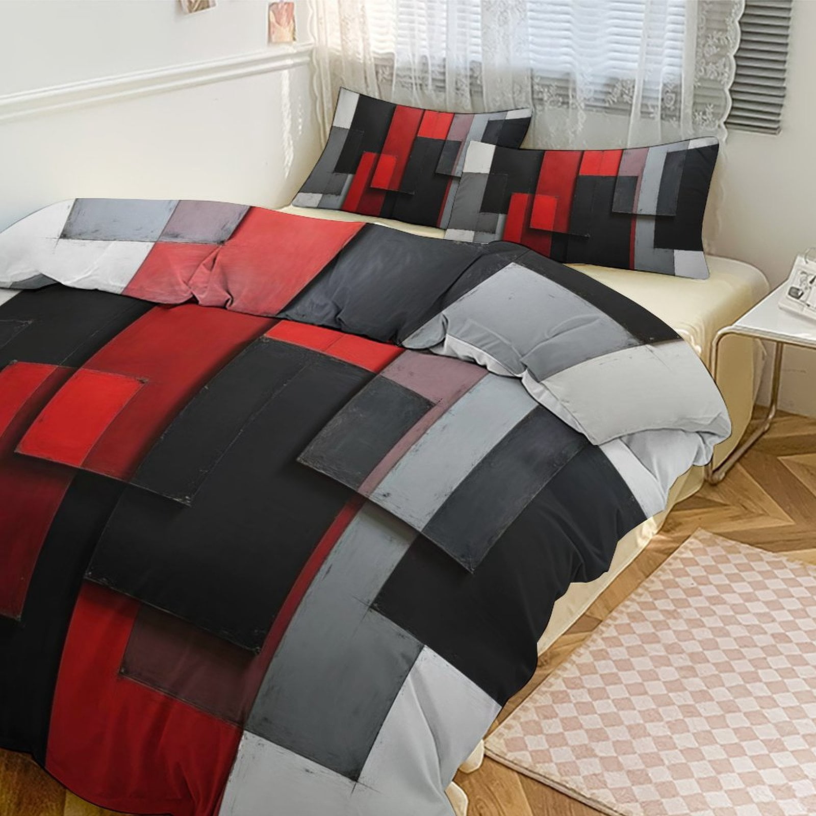 Geometric Modern Art Red Gray Black White 79"x90" 3 Pcs Soft Bedding ...