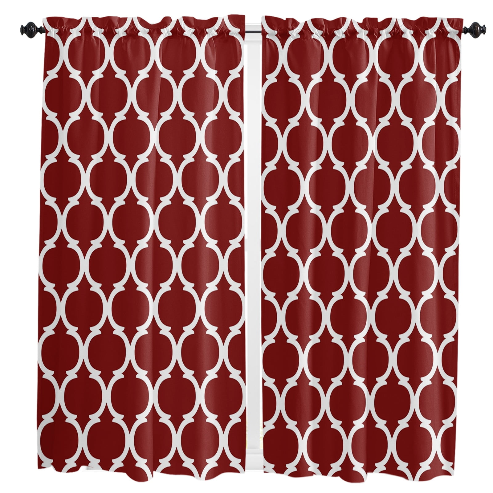 Geometric Morocco Wine Red Small Curtain Rod Pocket Short Curtains Half ...