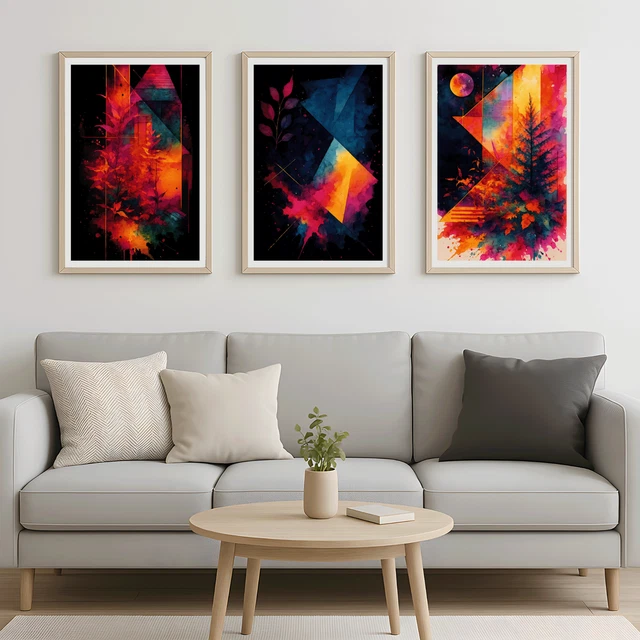 Geometric Nature Abstract Prints Set of 3 | Vibrant Dark Wall Art Decor ...