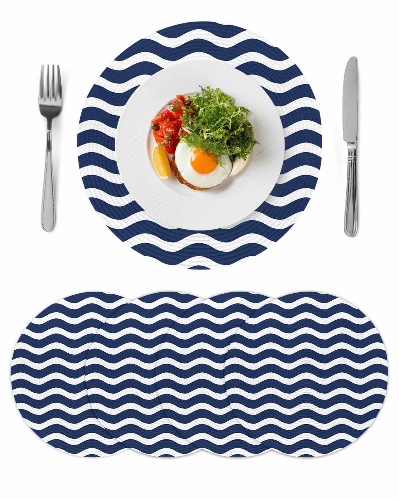 Geometric Nautical Striped Pattern Round Table Placemats set of 4, Navy ...