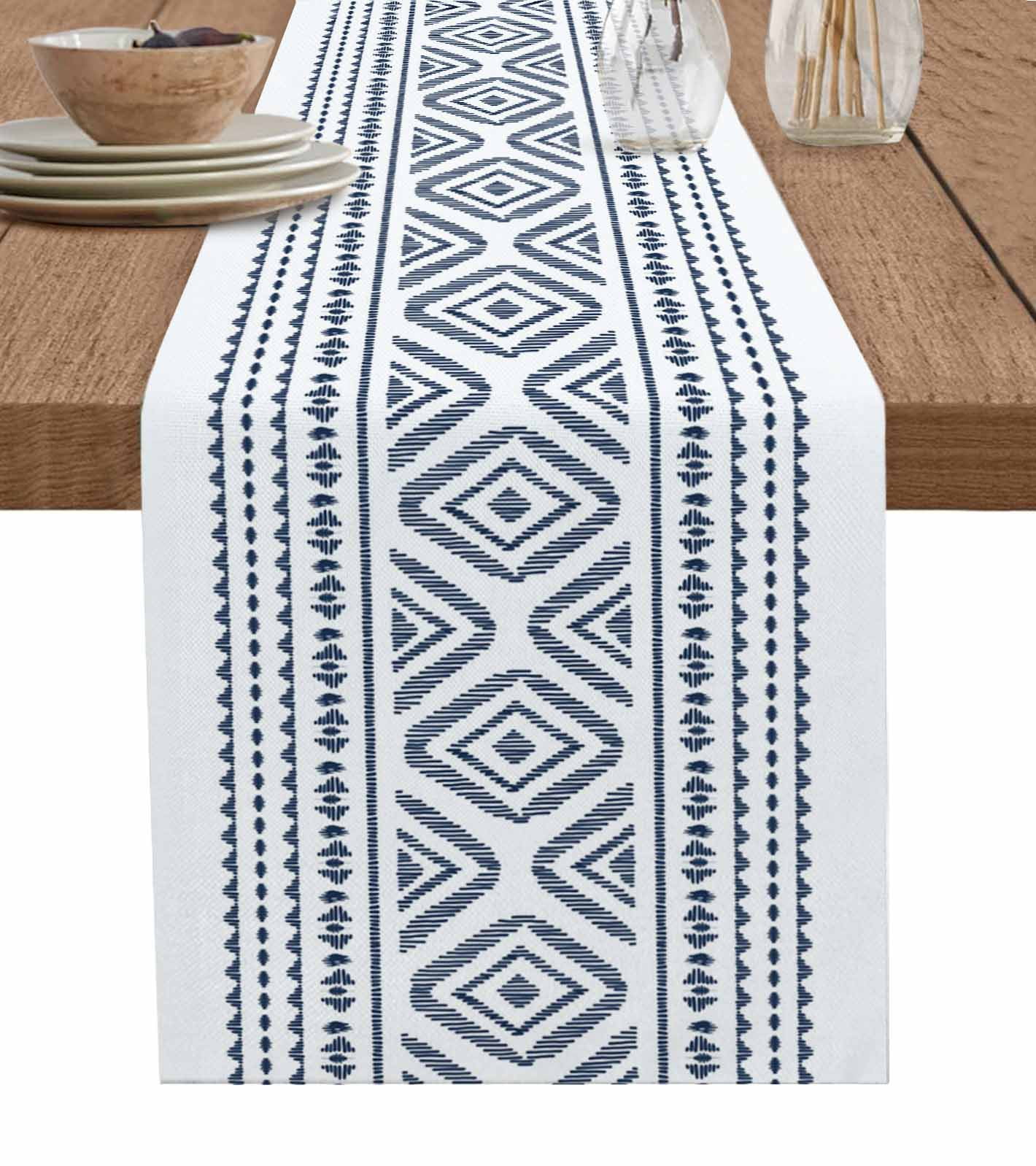 Geometric Navy Blue Table Runner 48 Inches, Boho Stripe Retro Farmhouse ...