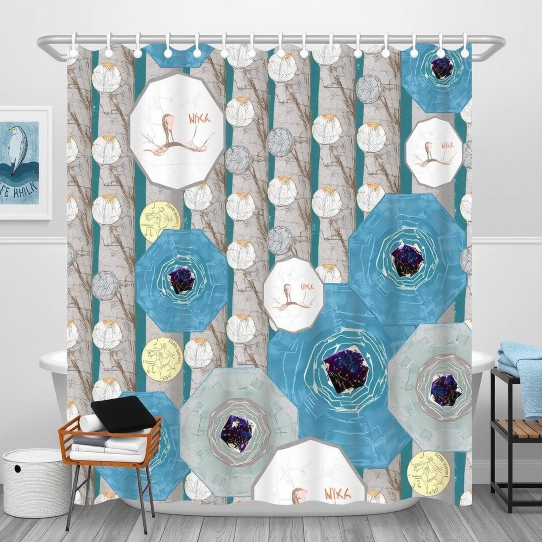 Geometric Octagon & Circle Shower Curtain - Blue Watercolor Design ...