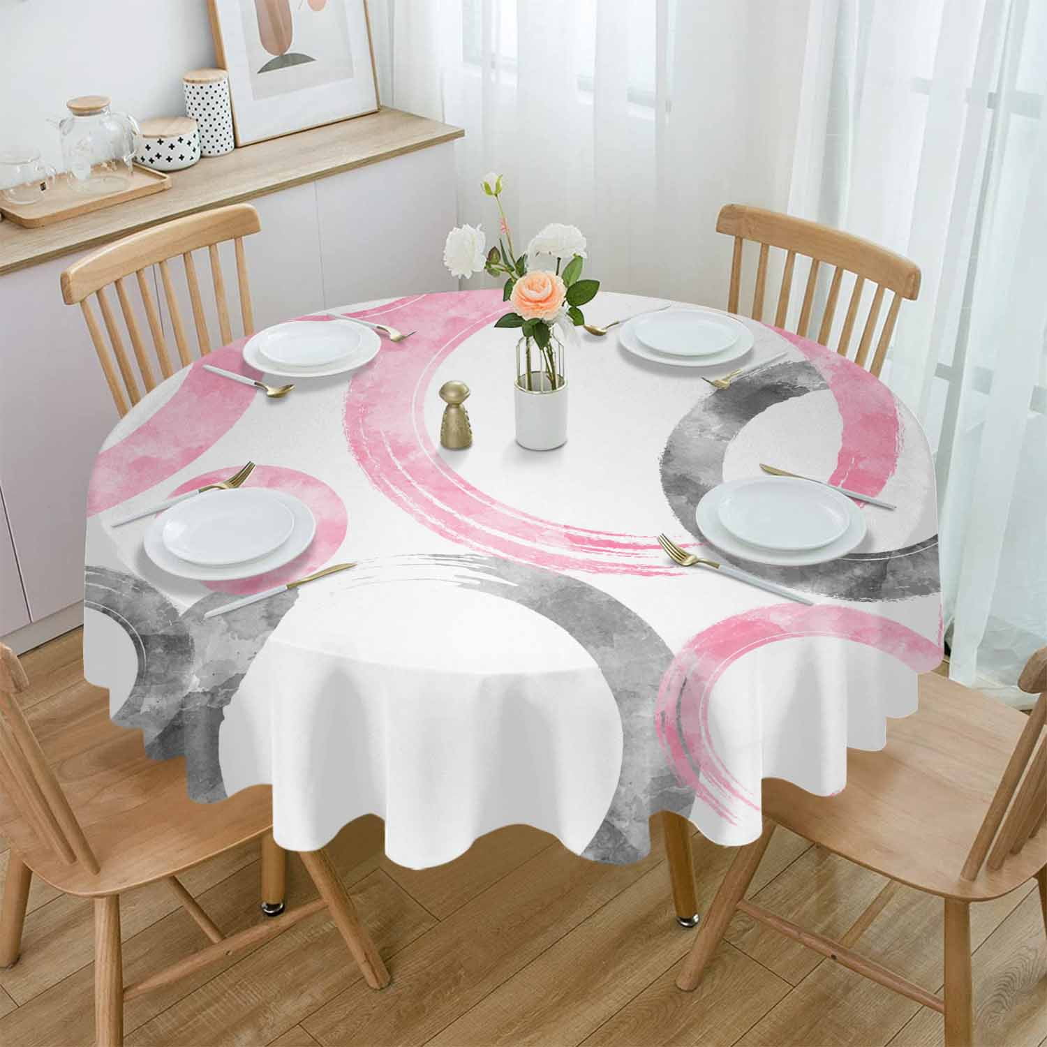 Geometric Paint Brush Circle Pink Gray Waterproof Tablecloth Table ...