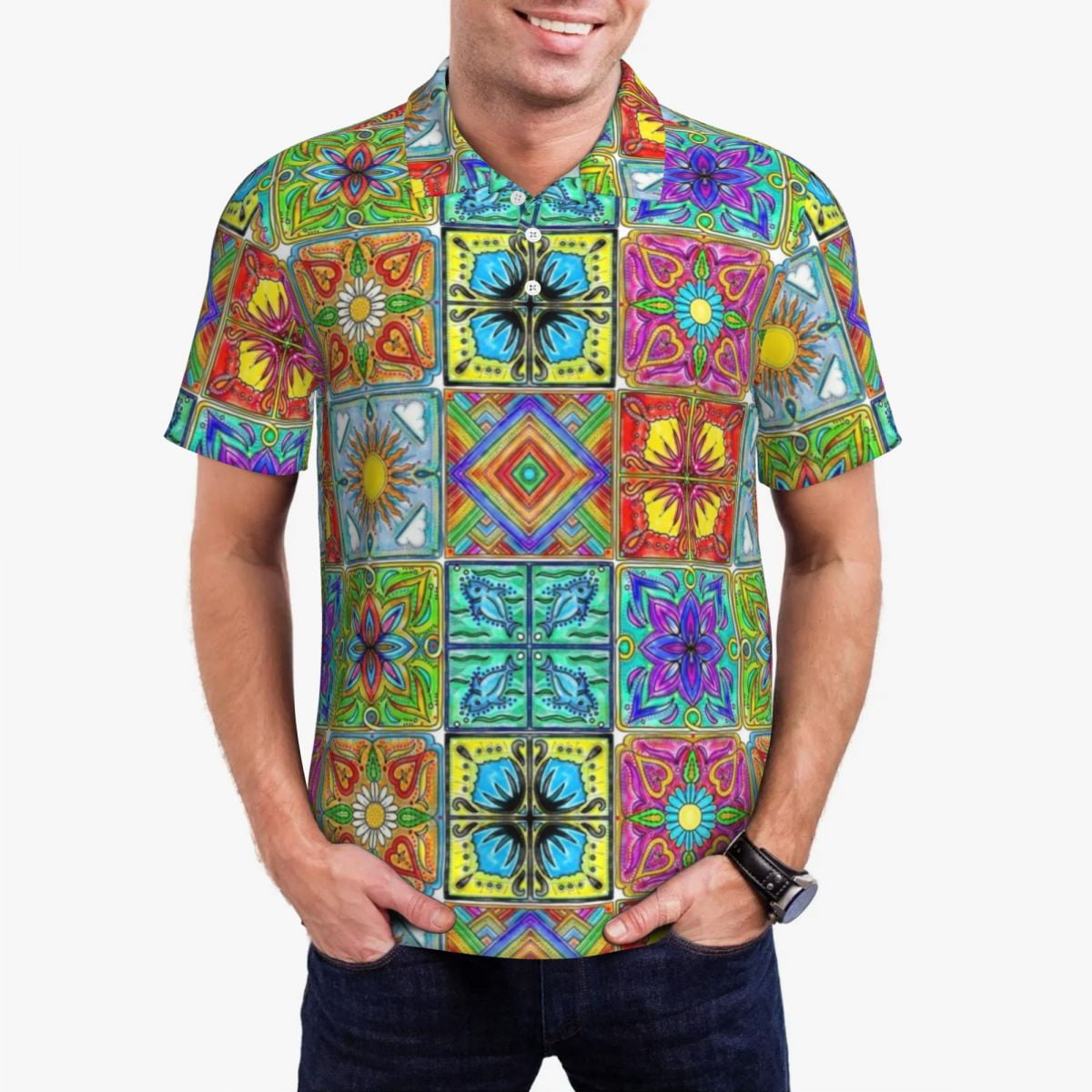 Geometric Patchwork Polo Shirts Male Abstract Triangles Casual Shirt ...