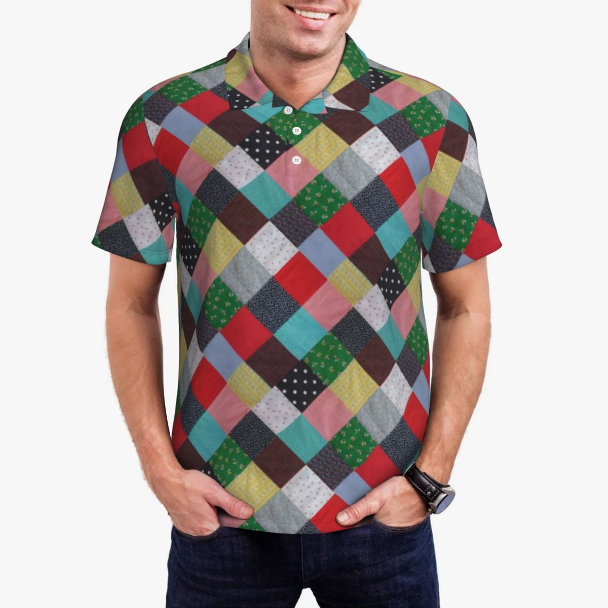 Geometric Patchwork Polo Shirts Male Abstract Triangles Casual Shirt ...