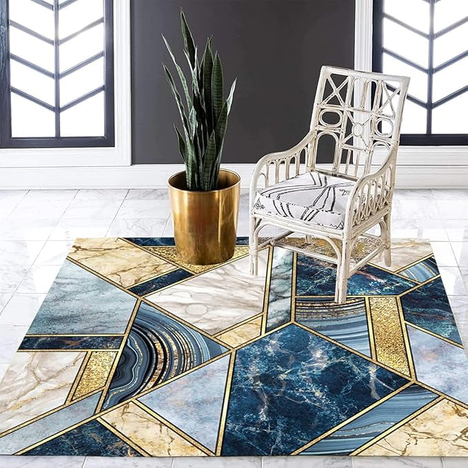 Geometric Pattern Area Rug Blue Gold Beige Marble Abstract Carpet For ...