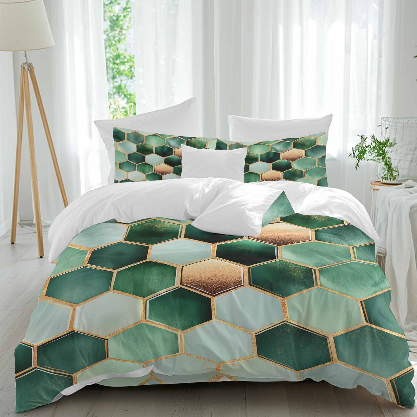 Geometric Pattern Duvet Cover Set Full Size Green Brown Hexagon Collage ...