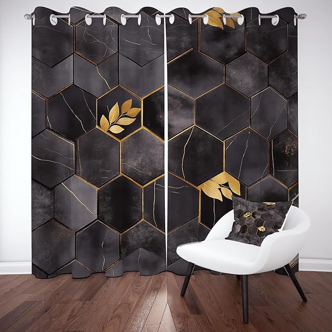 Geometric Pattern Grommet Curtains For Bedroom, Hexagon Honeycomb ...