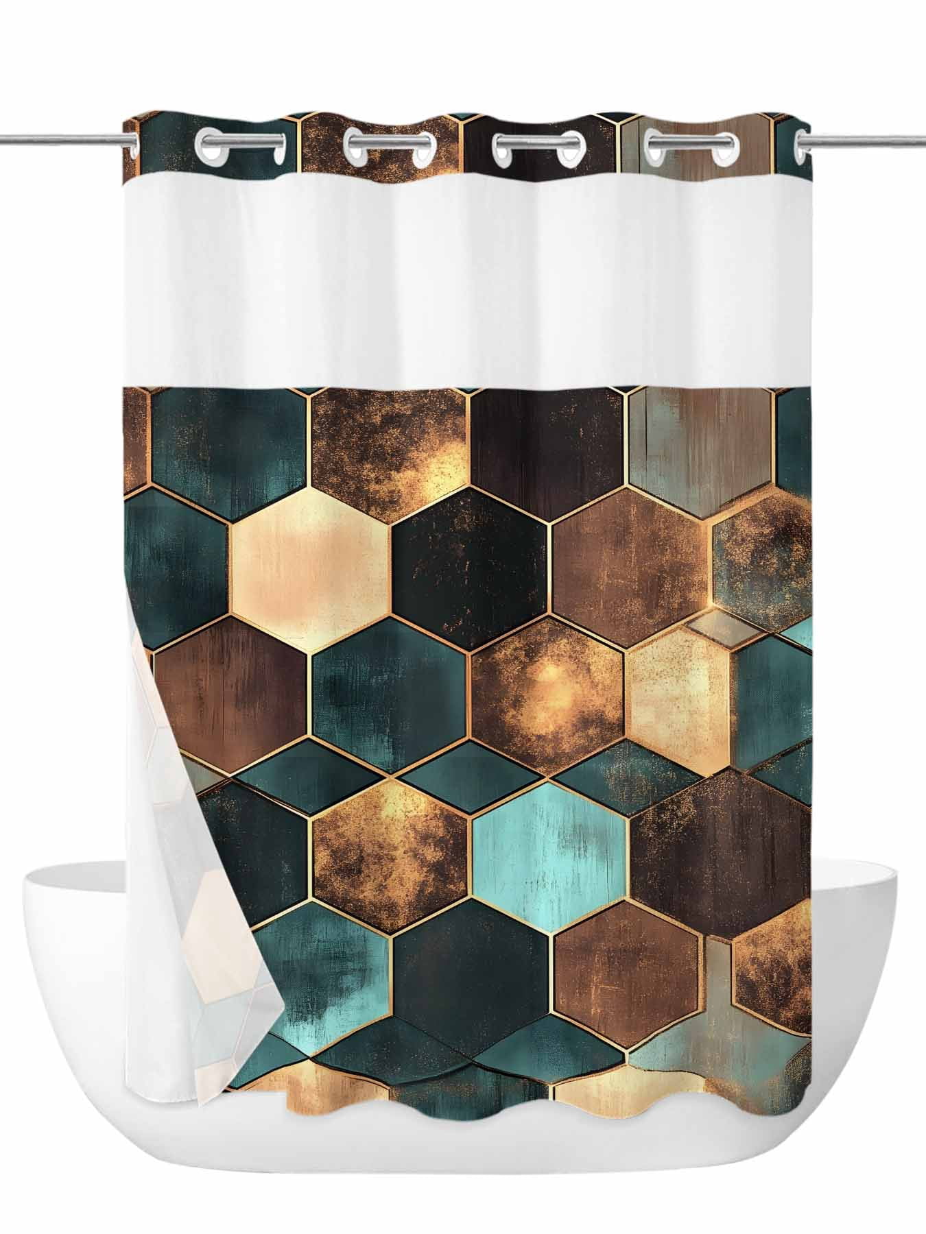 Geometric Pattern No Hook Shower Curtain and Liner Set Brown Green ...