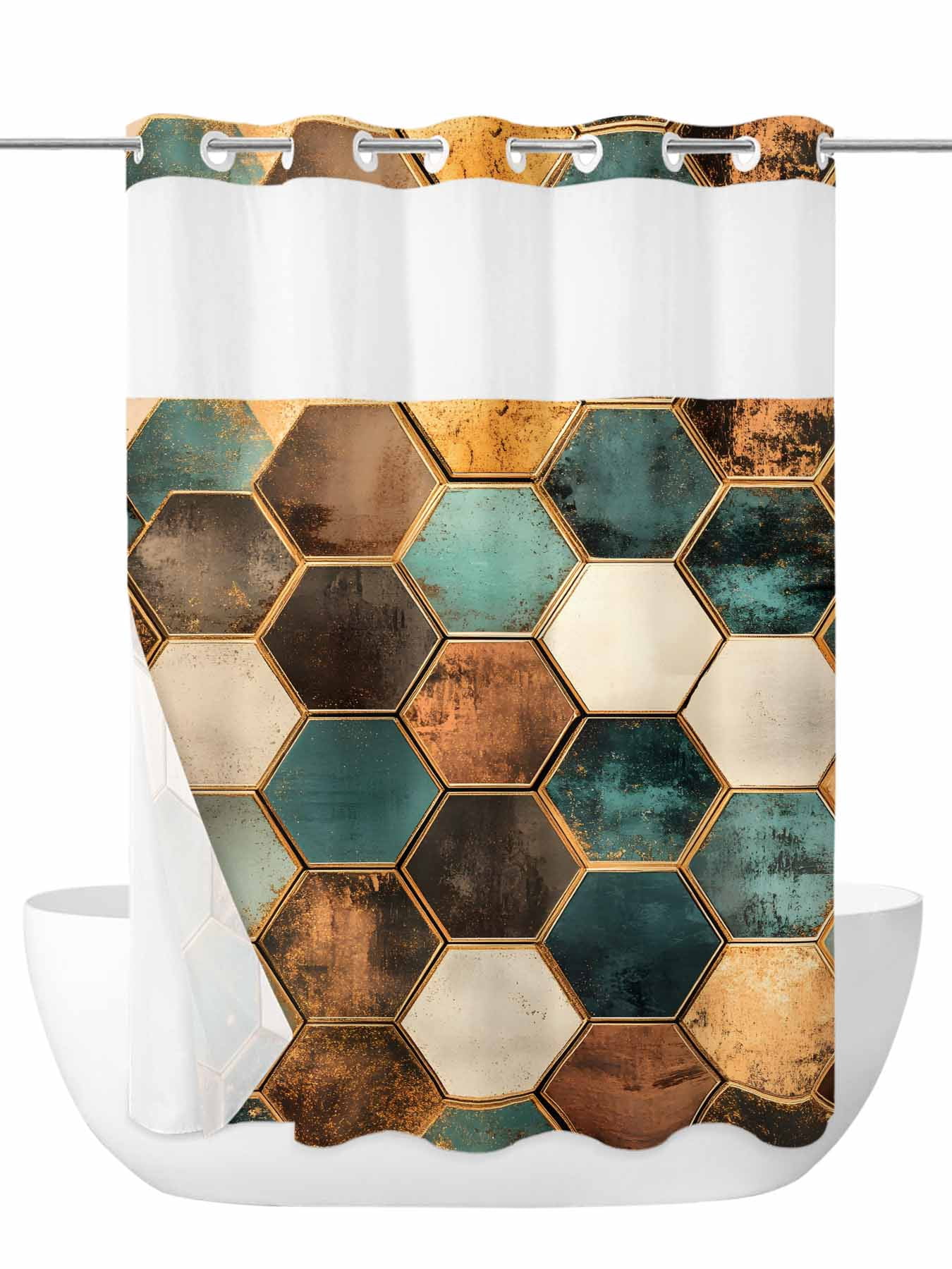 Geometric Pattern No Hook Shower Curtain and Liner Set Colorful Hexagon ...
