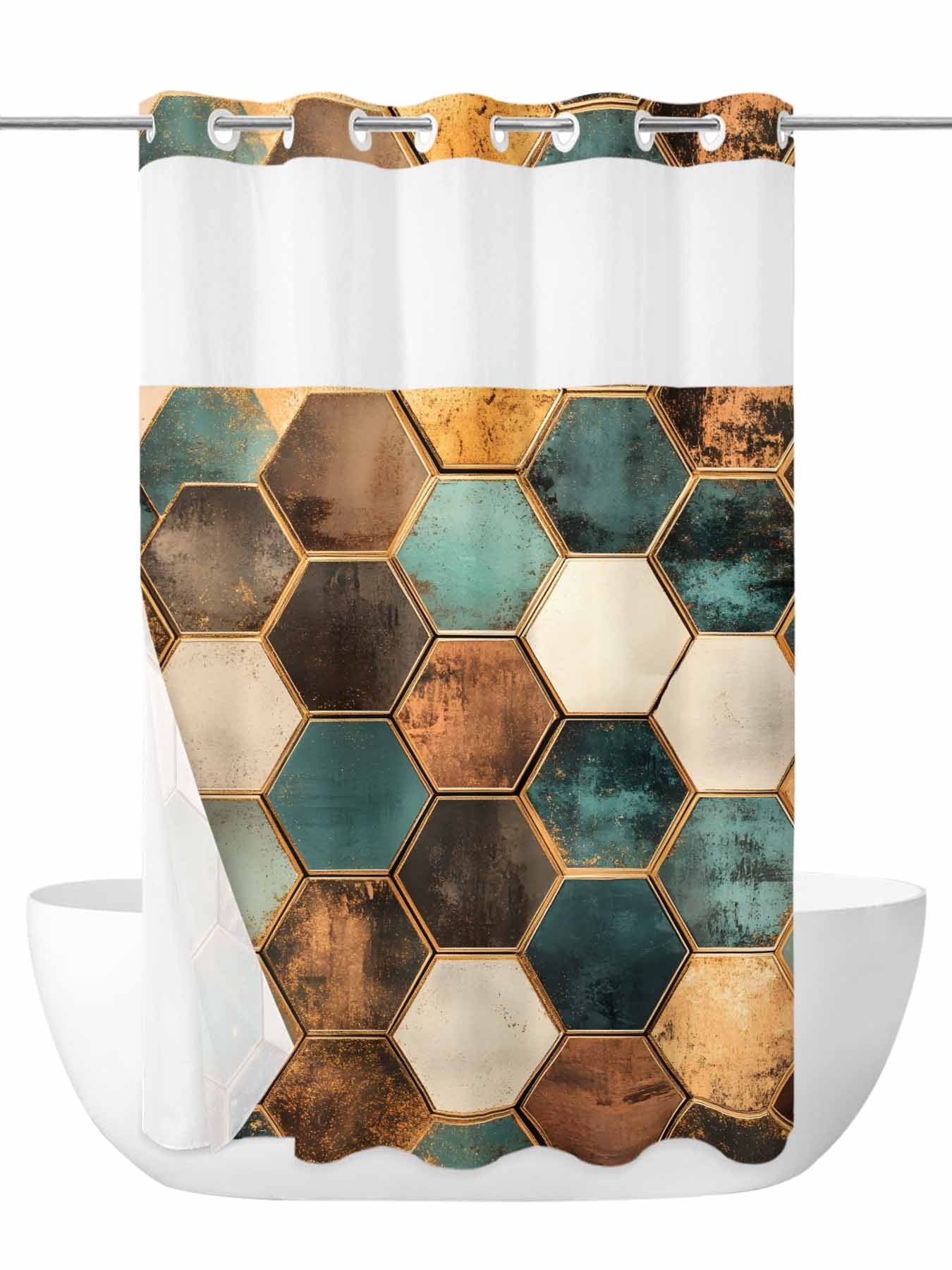 Geometric Pattern No Hook Shower Curtain and Liner Set Colorful Hexagon ...