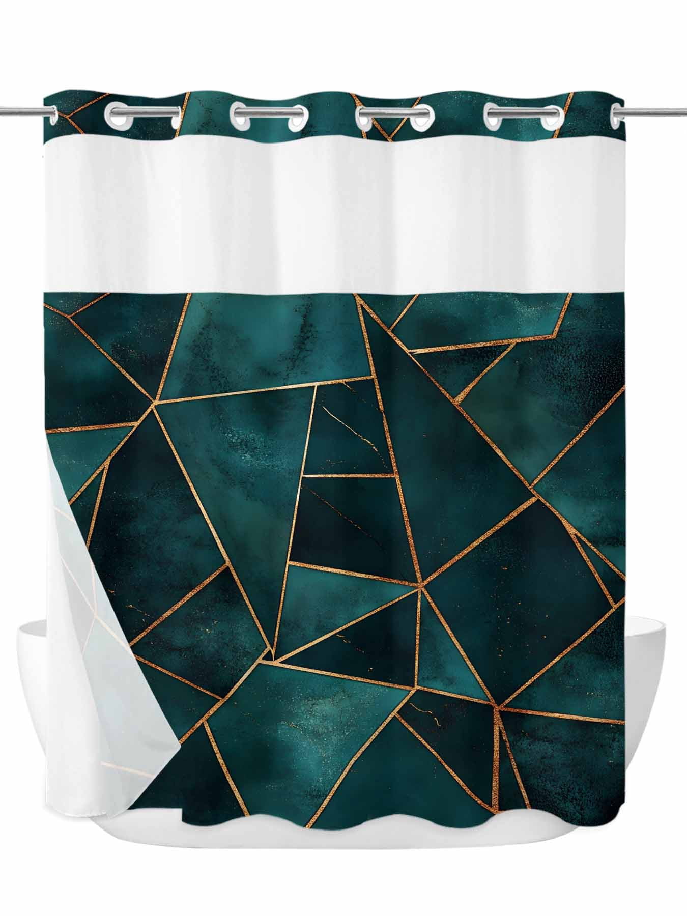 Geometric Pattern No Hook Shower Curtain and Liner Set Dark Green ...