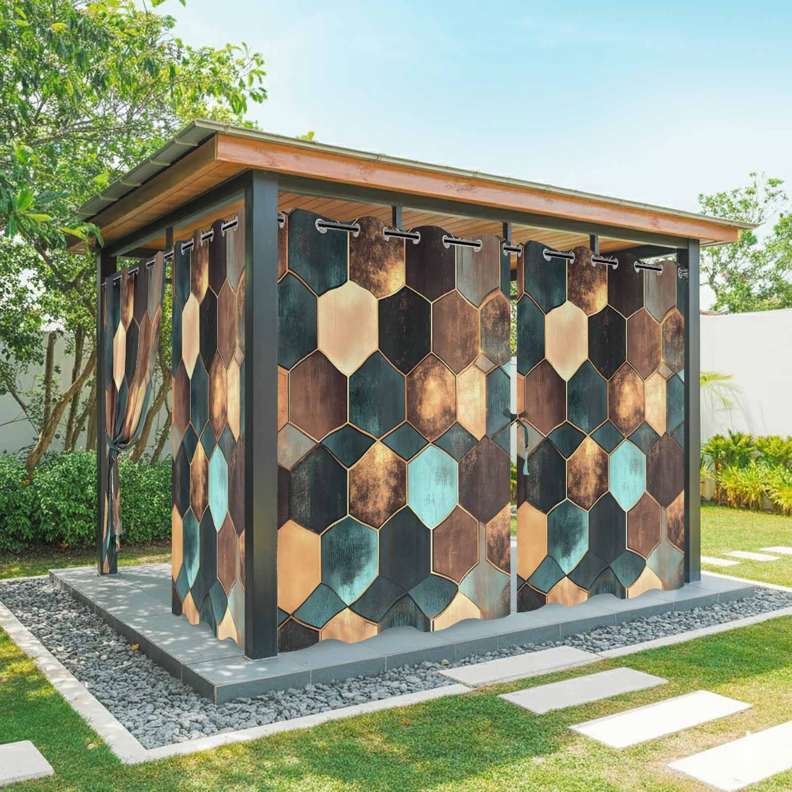 Geometric Pattern Outdoor Curtains for Patio Waterproof, Brown Green ...
