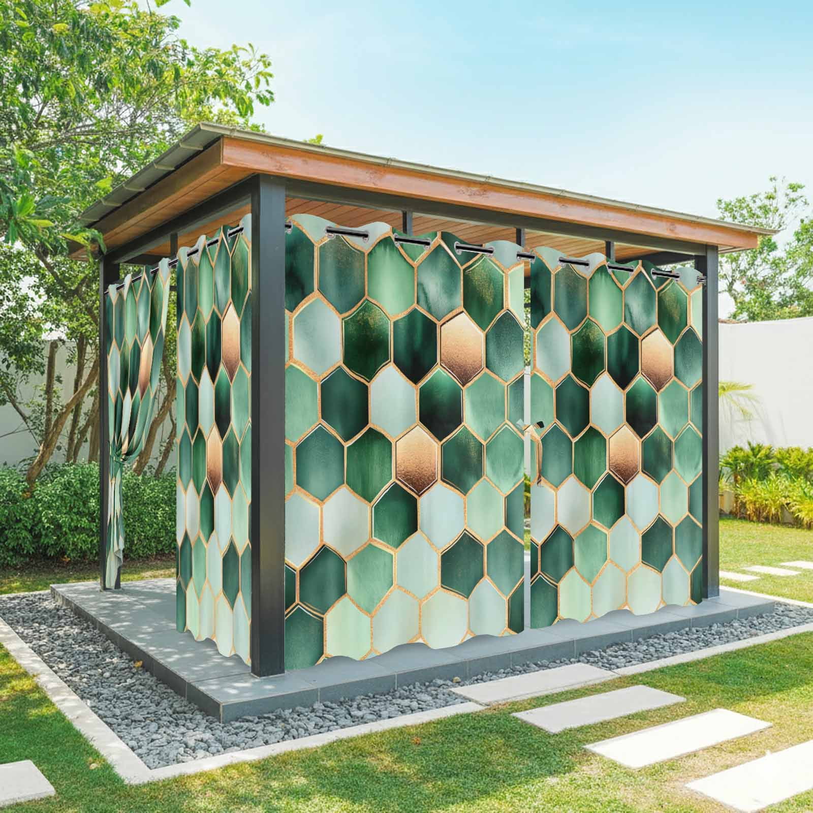Geometric Pattern Outdoor Curtains for Patio Waterproof, Green Brown ...