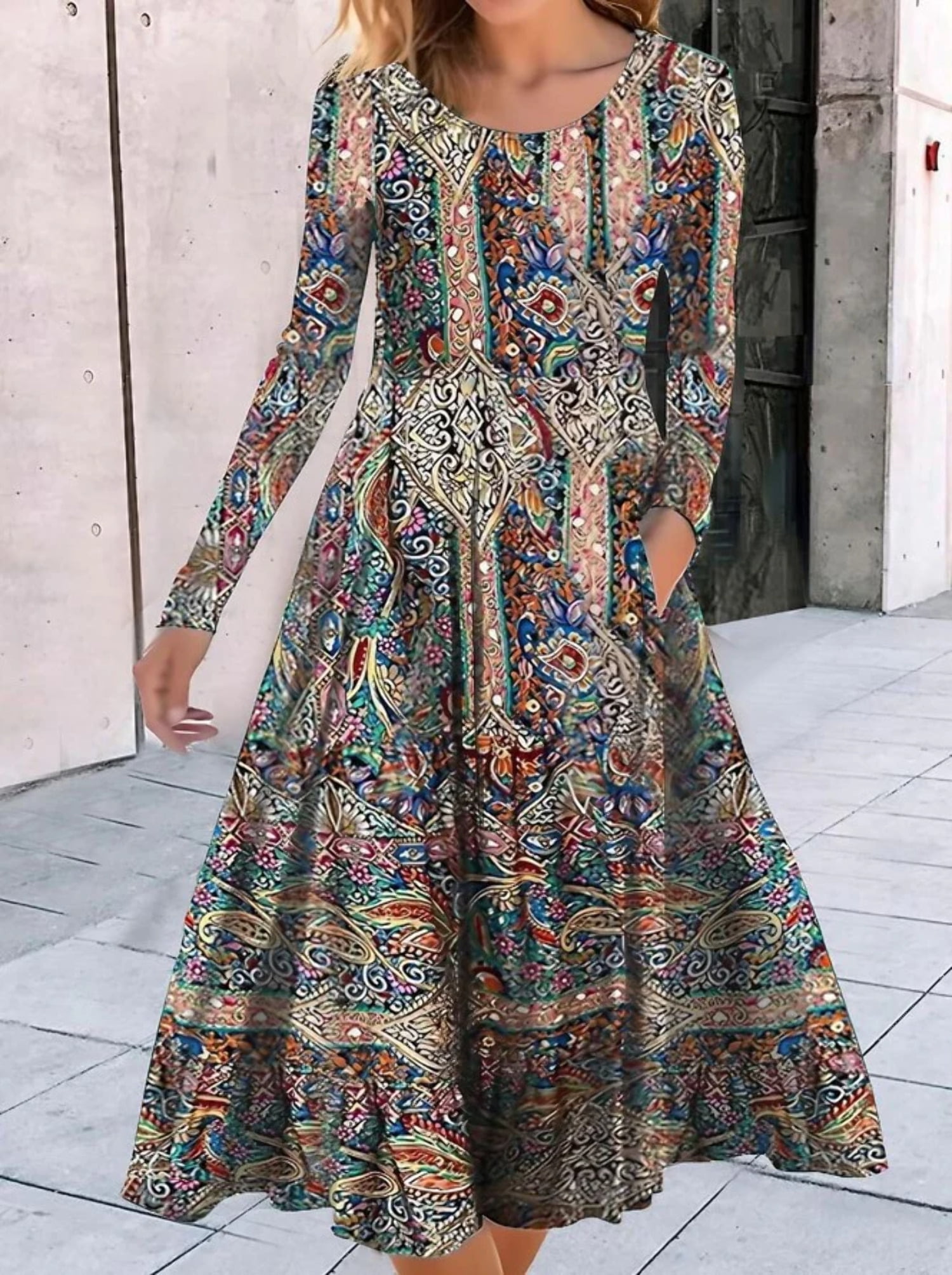 Geometric Pattern Printed Large Swing Dress - Walmart.com